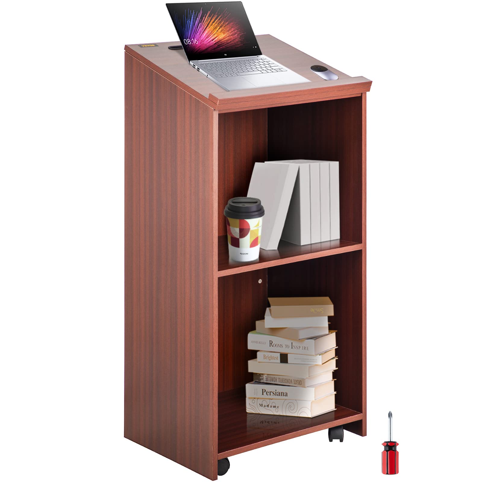 VEVOR Wood Podium, 23.6" x 47.2", Lecterns and Podiums w/ 4 Rolling Wheels, Slant Surface, Baffle Plate & Shelf, Easy Assembly Walnut Lecterns for Church, Office, School, Home