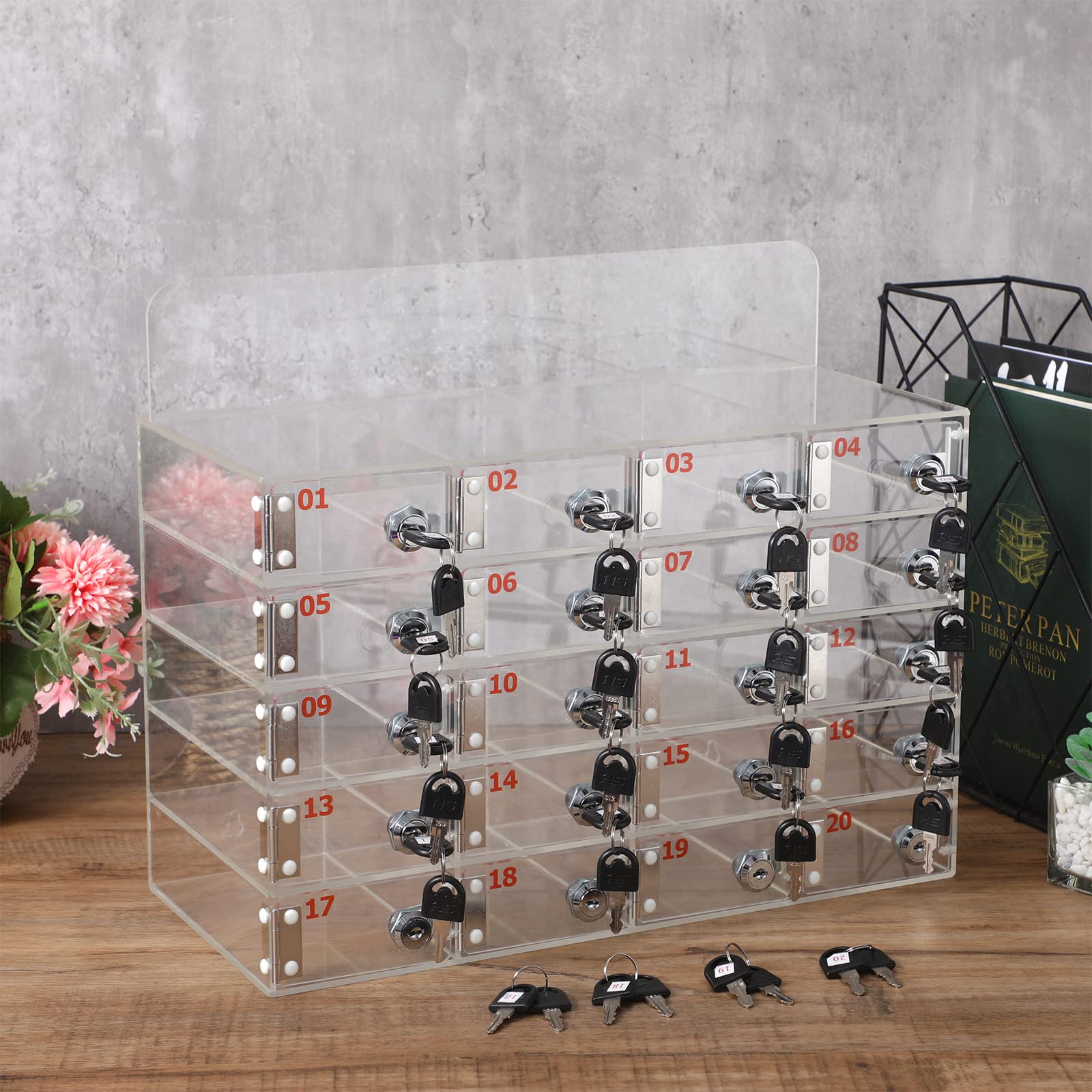 Threan Cell Phone Locker Box Clear Cell Phone Storage Acrylic Cell Phone Lock Box with Door Locks and Keys Wall Mounted Cell Phones Storage Cabinet for Office School Classroom Factory (20 Slots)