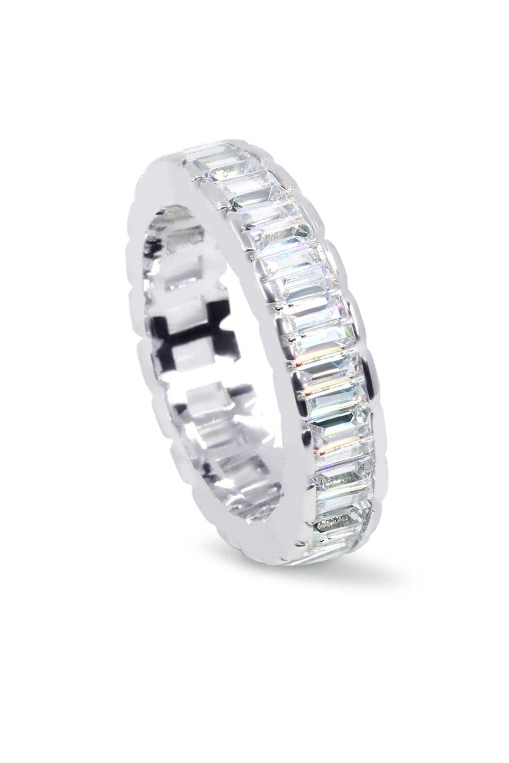 Savlano 18K White Gold Plated Cubic Zirconia Emerald Cut Eternity Ring Band for Women Men (8)