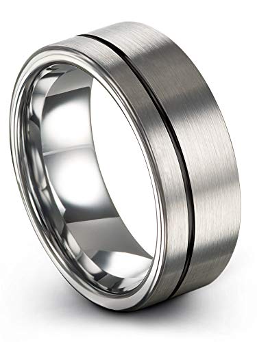 P. Manoukian Tungsten Carbide Wedding Band Ring 8mm for Men Women Black Offset Line Grey Interior with Flat Cut Brushed Polished Comfort Fit Anniversary Size 15