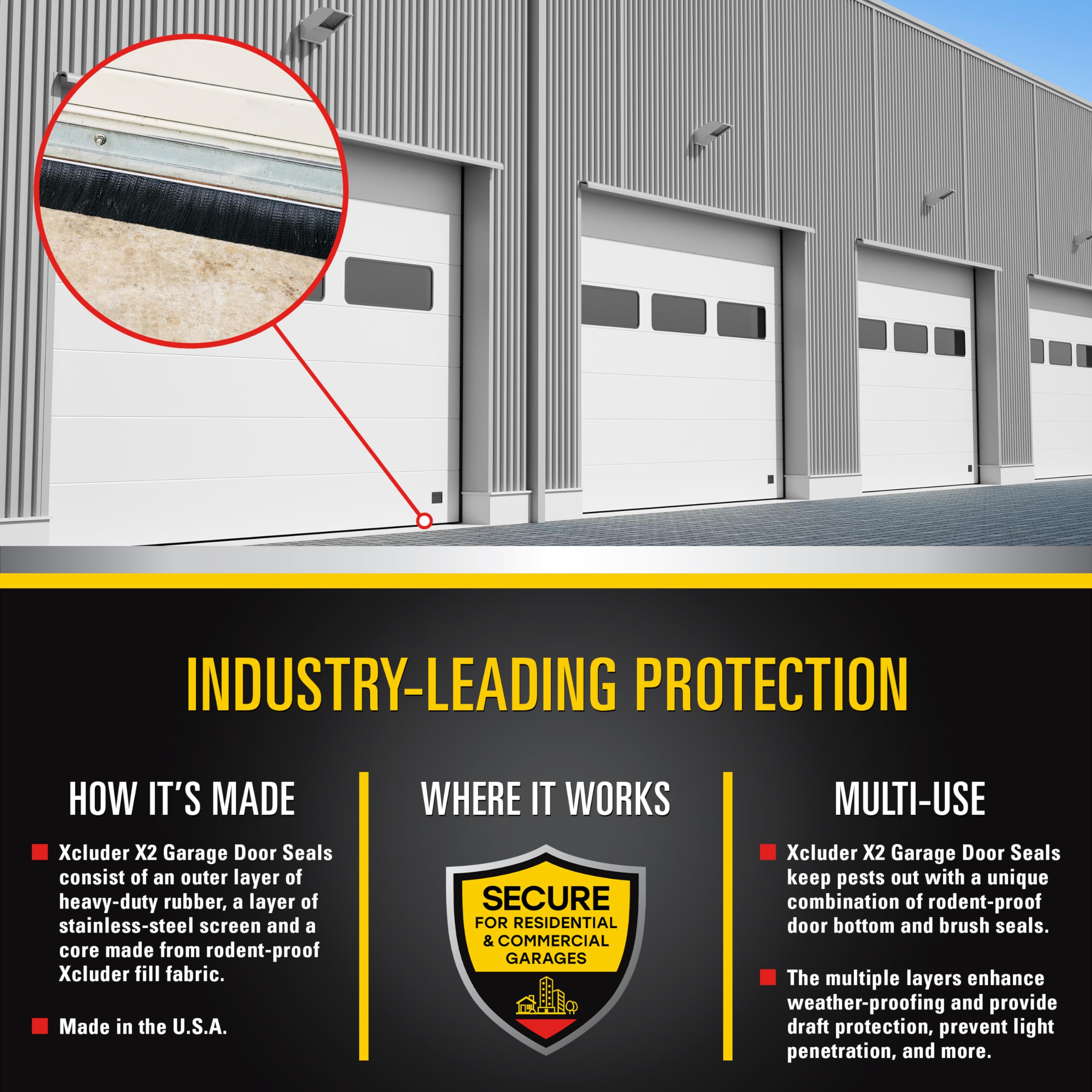 Xcluder X2 Rodent Proof Overhead Sectional Door Seal Kit, 8'2β Wide for 2" Thick Garage Doors, Stops Mice, Rats and Weather, Suitable for Residential or Commercial Property Use