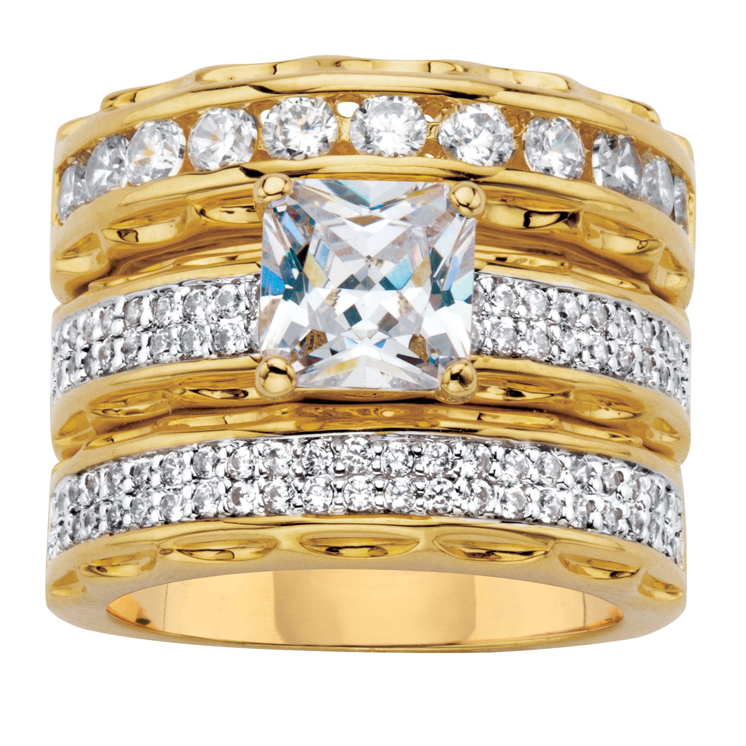 PalmBeach Yellow Gold-Plated or Silvertone Princess Cut and Round Cubic Zirconia 3 Piece Bridal Ring Set Size 7