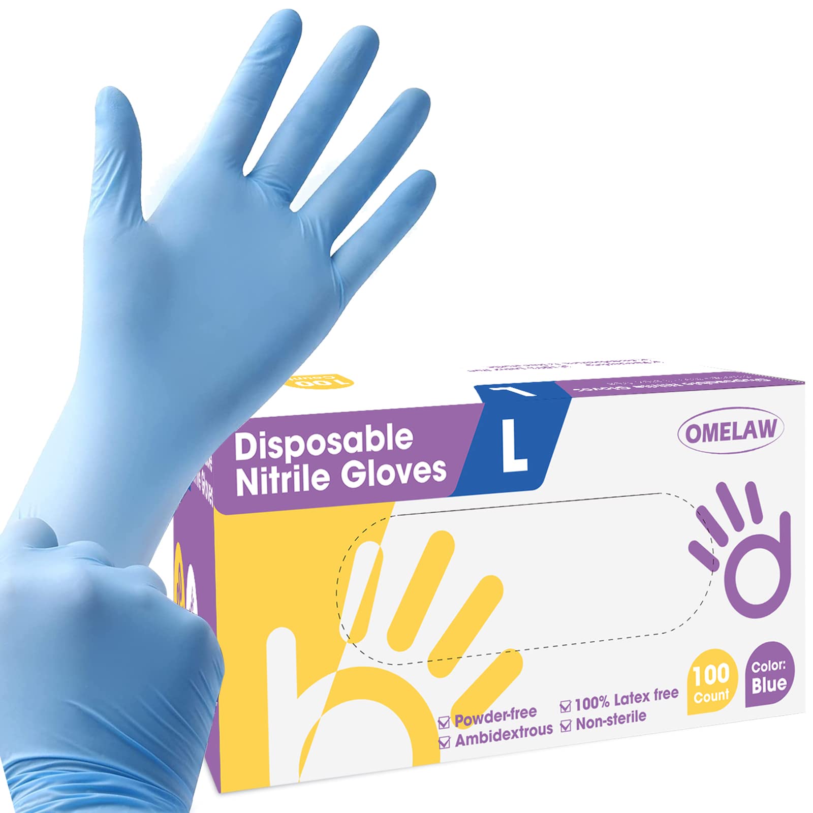 OMELAW Nitrile gloves Large Blue, Pack of 100, Latex Free Powder Free Glove Ambidextrous, Ultra-Strong, Non-Sterile Food Safe