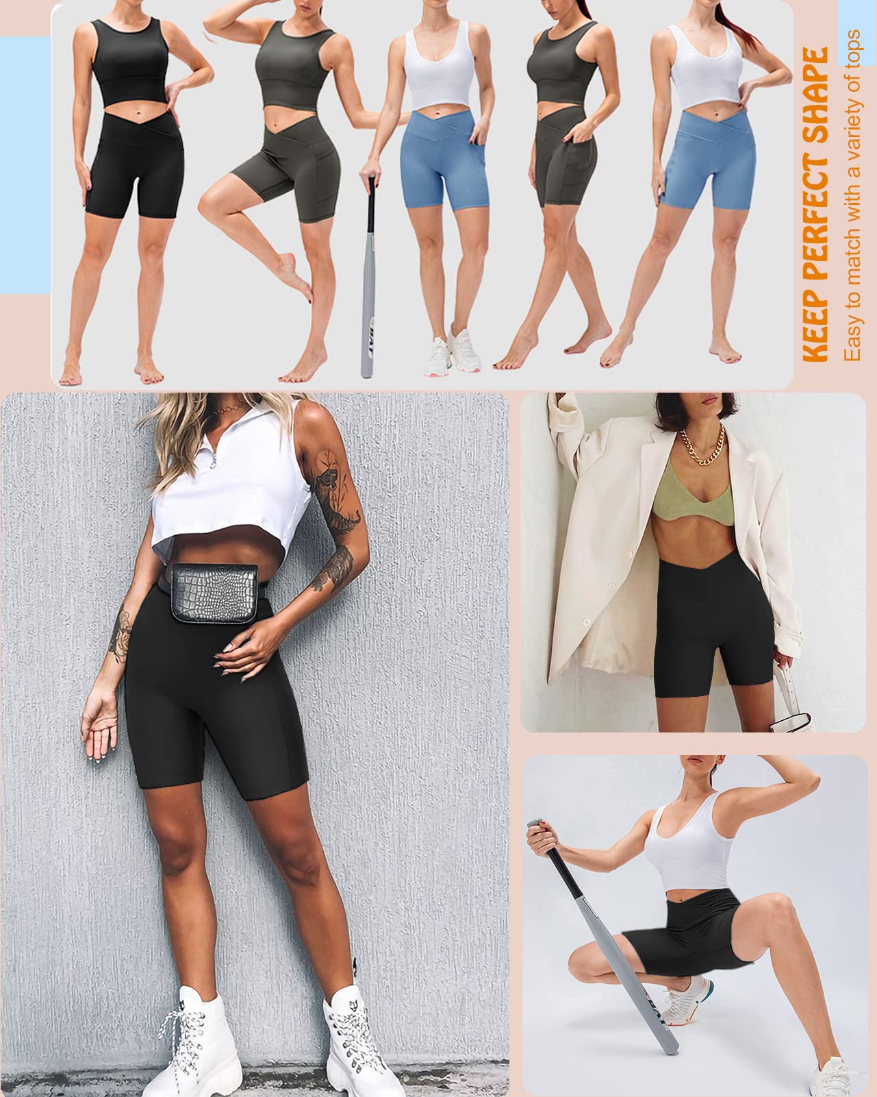 Women's V Cross Waist Workout Biker Ribbed Shorts with Pockets 5" High Waisted Booty Gym Short Black