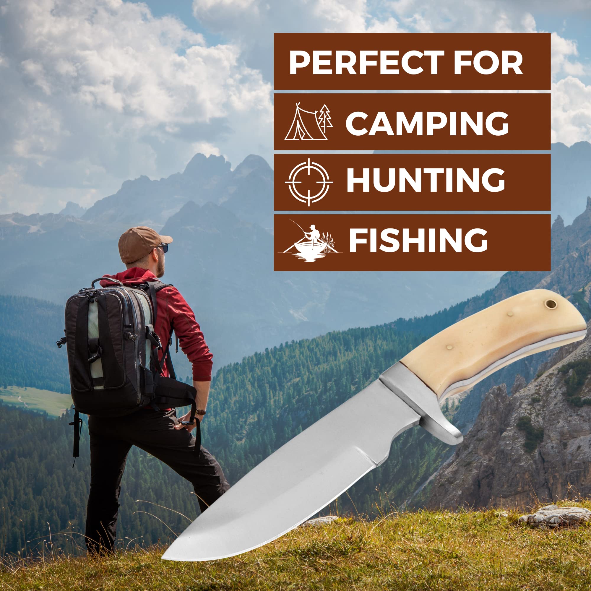 The Blade Point Bushcraft Fixed Blade Hunting Knife - Outdoor Camping Survival EDC Knives, Carbon Steel Chef Knife Camel Bone Handle with Leather Sheath (Camel Bone)
