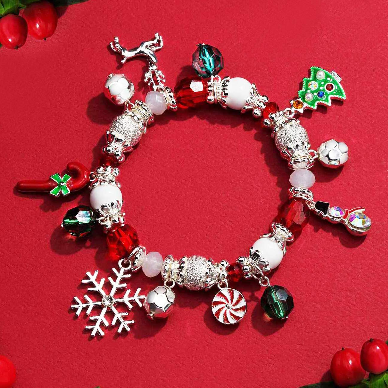 RareLove Christmas Snowflake Charm Beaded Bracelet Stretch Strand Elastic Crystal Silver Tone Dangle Xmas Tree Reindeer Women Girls Holiday Gift