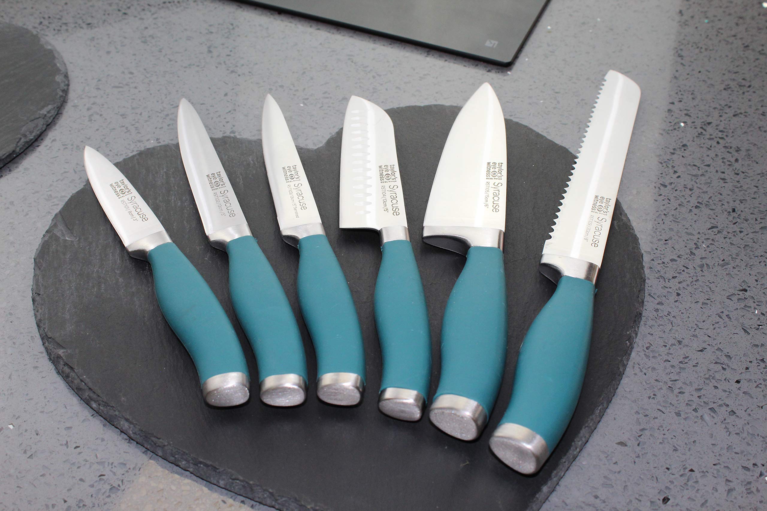 Taylors Eye Witness Syracuse Asian Kitchen Knife Set - Chefs Santoku 13cm/5β & Cooks All Purpose 13cm/5β Cutting Edge, Multi Use. Ultra Fine, Razor Sharp Blade. Soft Grip Air Force Blue handle.