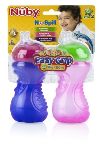 Nuby 2-Pack No-Spill Super Spout Easy Grip Cup, 10 Ounce, Pink and Purple
