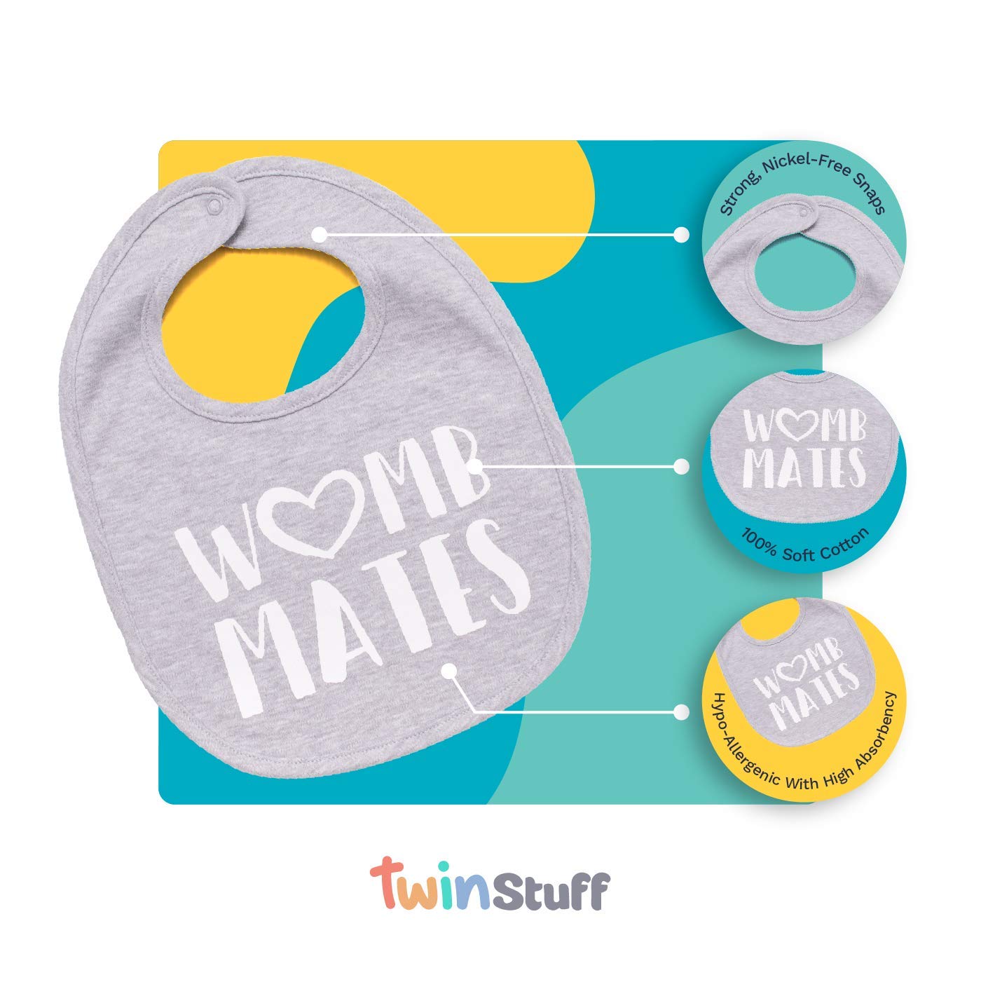 Twinstuff Womb Mates Twins Baby Bibs - 100% Soft Cotton, Unisex Twin Bib Set For Boys and Girls