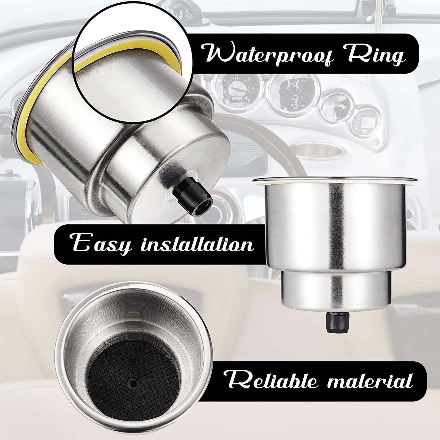 Pebbly Beach 4 PCS Boat Cup Holder, Stainless Steel Cup Holder Insert with Drain for Boat and RV
