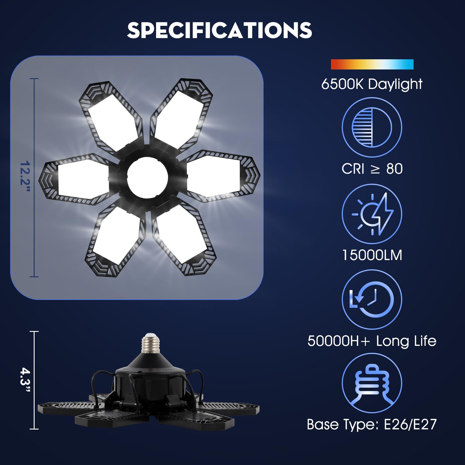 OUSHASAA 4-Pack 150W LED Garage Lights Ceiling, 15000LM 6500K Bright LED Shop Lights, Deformable E26/27 Screw in Garage Lights with 6+1 Adjustable Panels for Workshop, Basement, Barn, Warehouse