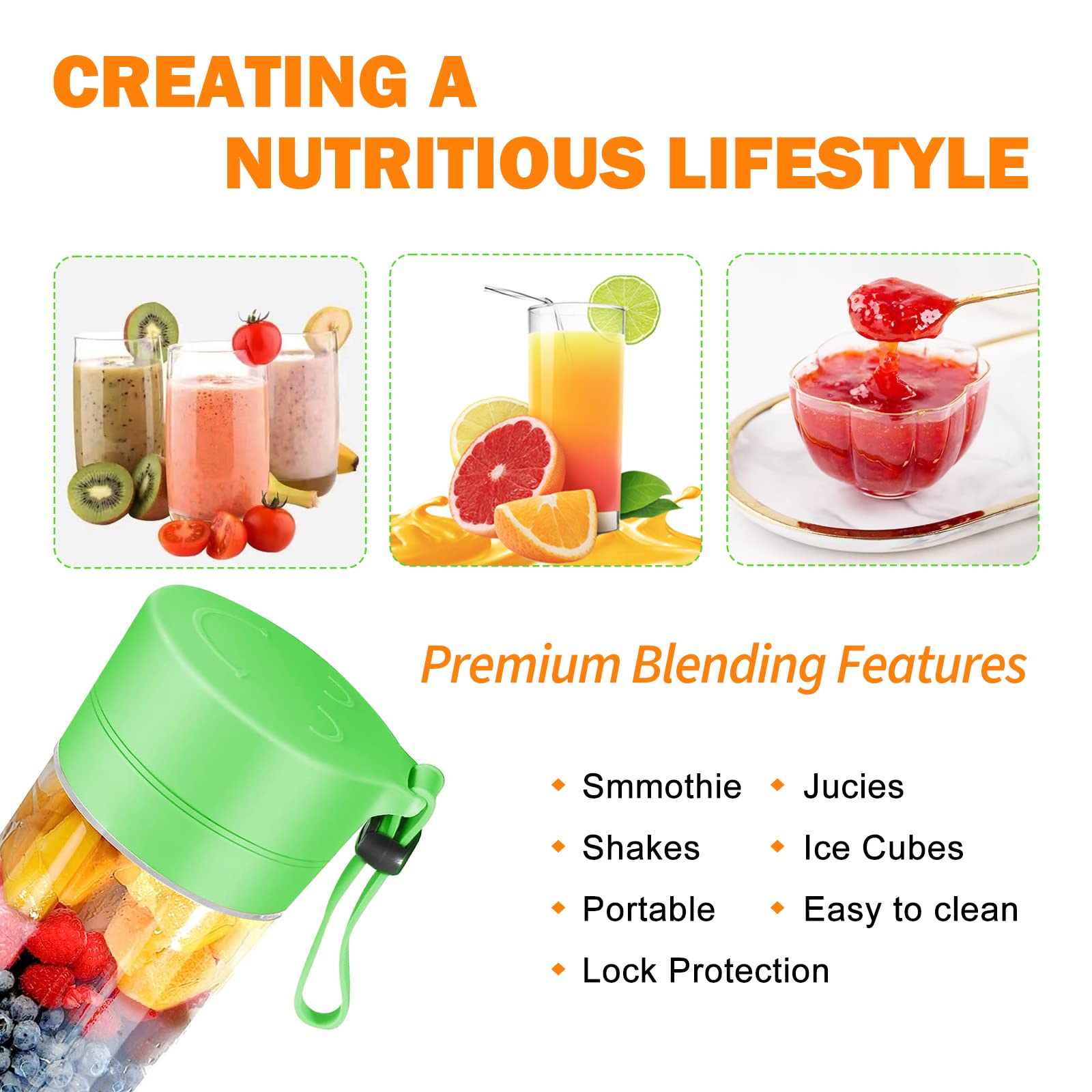 Thaivee Portable Blenders,Personal Size Blender Smoothies and Shakes, USB Rchargeable Juicer Cup with Six Blades in 3D, Handheld Blender Sports,Travel and Home(Green)
