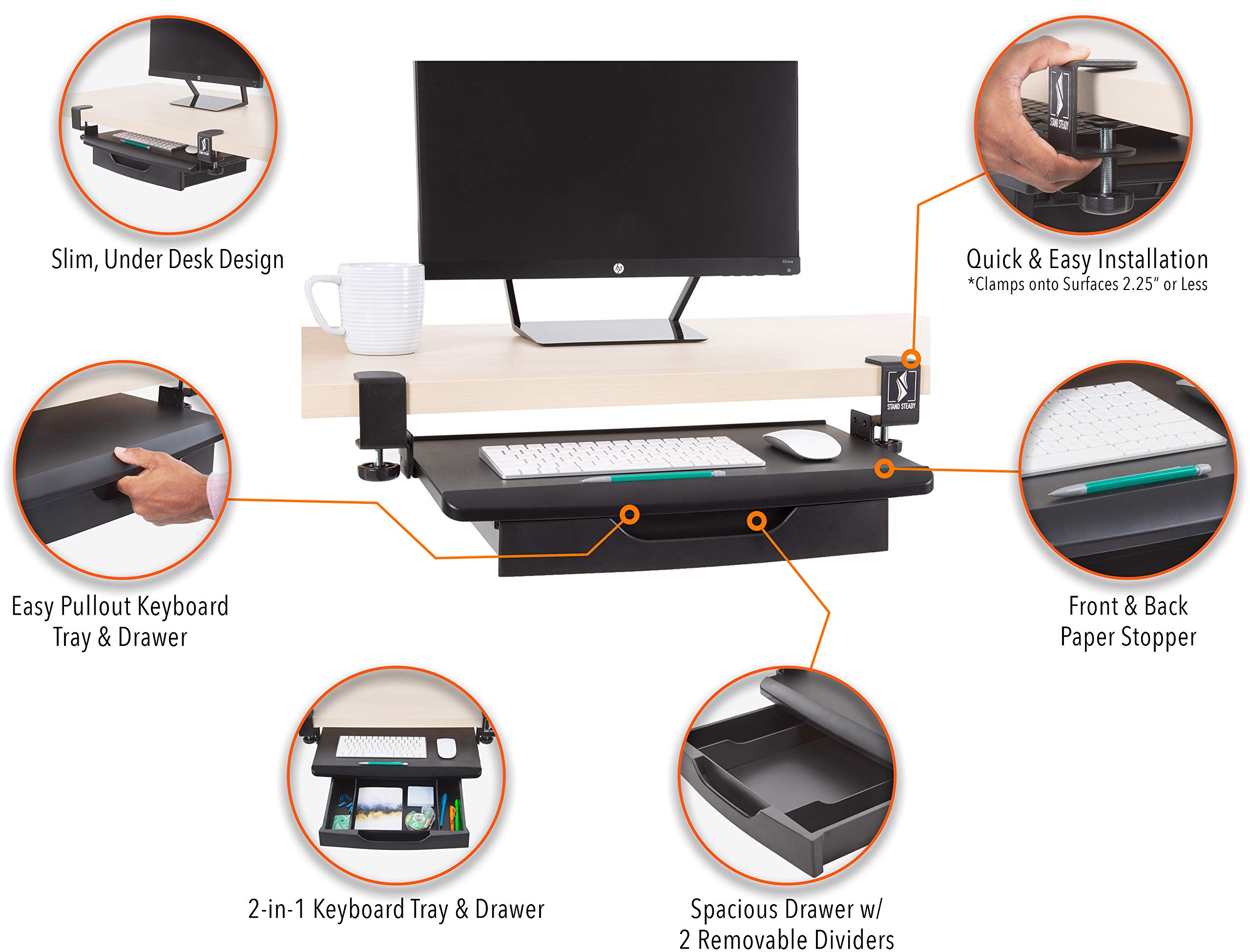 Stand Steady Clamp On Keyboard Tray with Drawer | Two in One | Under Desk Storage w/Damage-Free Easy Installation - No Drilling Needed | 3 Compartment Organizer w/Removable Dividers (24.5 x 11.8)