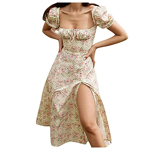 Women's Square Collar Dress Floral Printed High Split Maxi Dress Puff Short Sleeve Long Dress for Summer Beige
