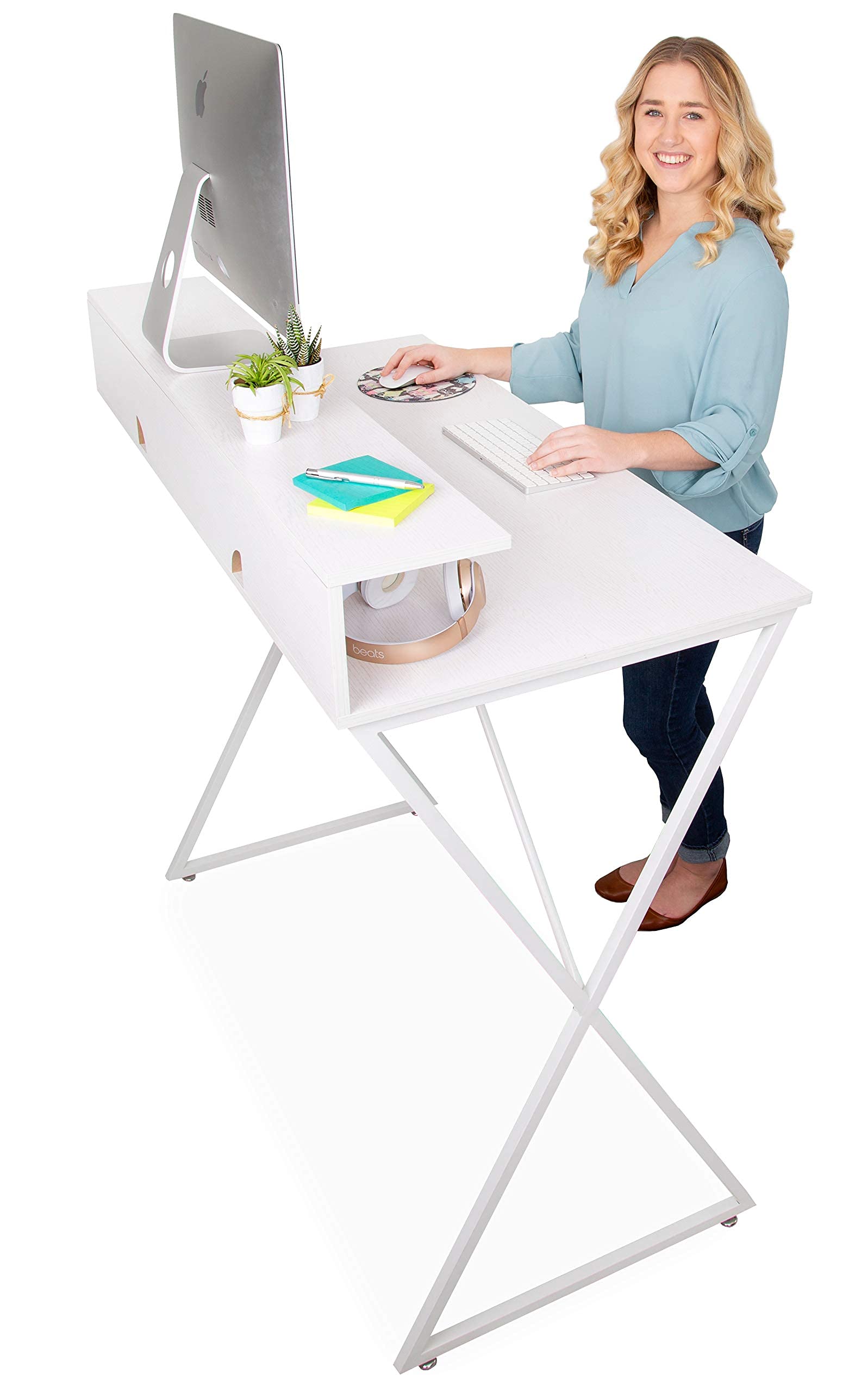 Stand Steady Joy Standing Desk | Pretty Standing Desk with Shelf & Built-in Storage Cubbies | Modern Stand Up Workstation | Tall Desk & Reception Table for Home, Dorm & Office (White / 48in x 42in)