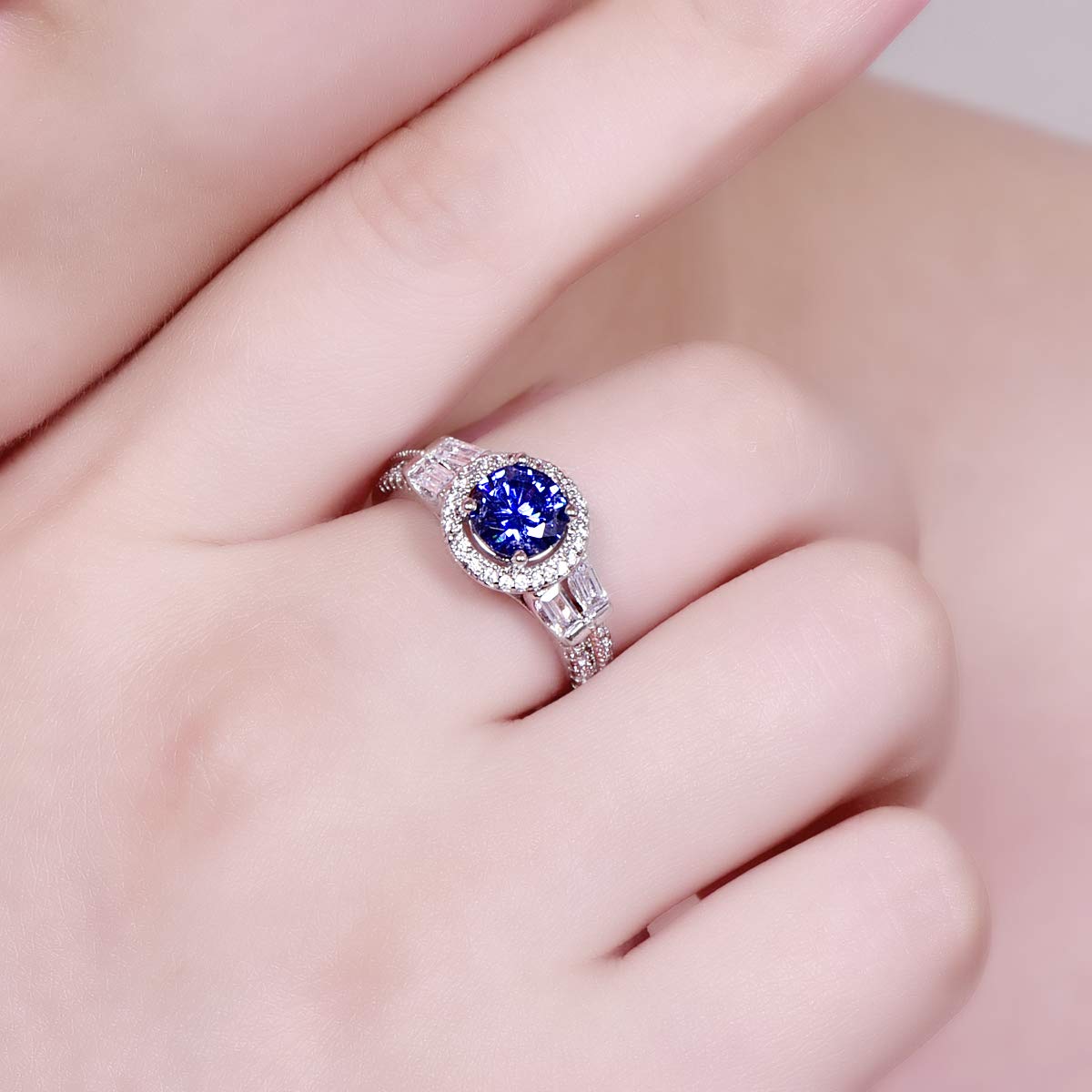 Pakula 925 Sterling Silver Ring Split Shank Band 7x7mm Round Simulated Tanzanite CZ Halo Ring for Women Size 8