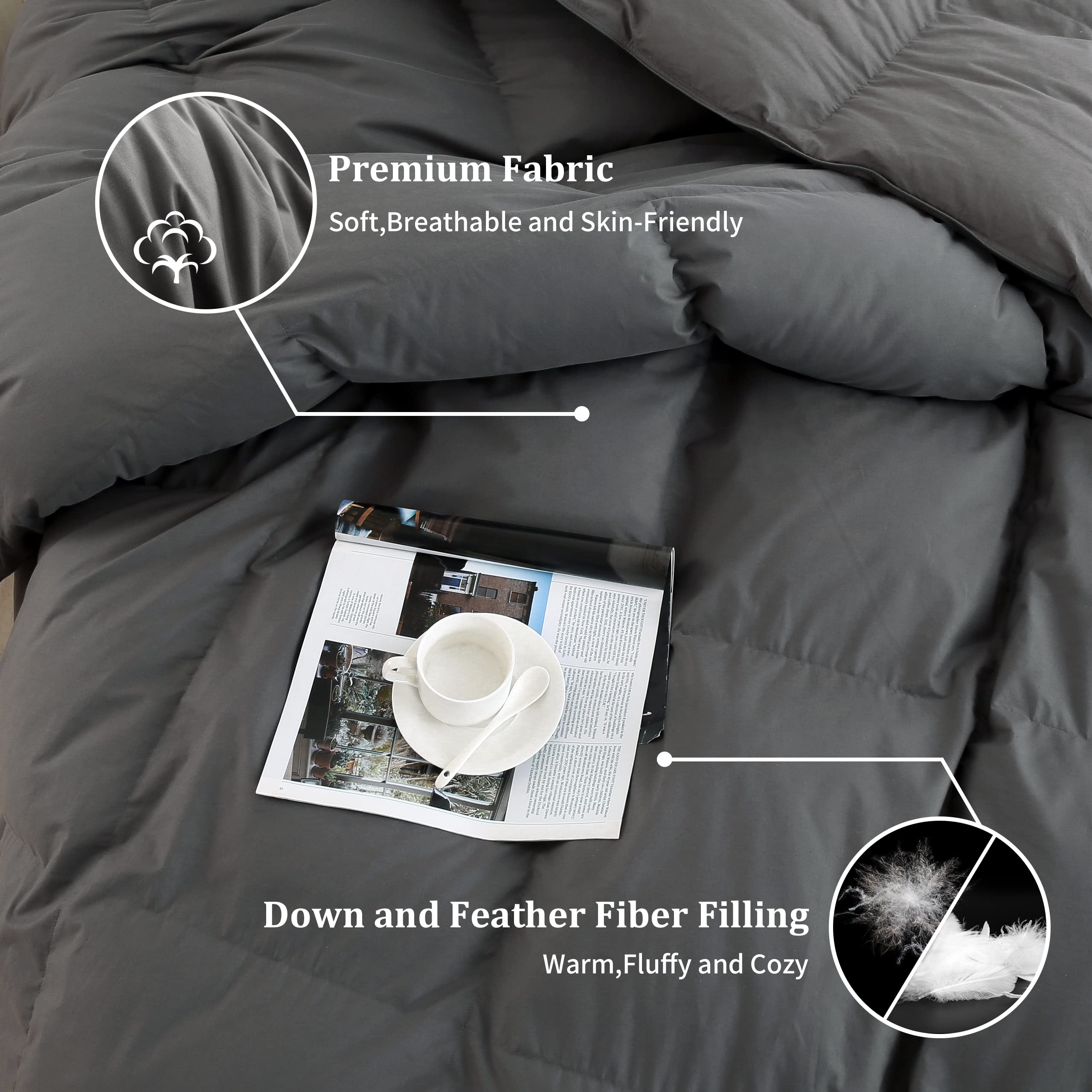 Ousidan Goose Down and Feather Fiber Bedding Comforter King Size Soft Duvet Insert with Cotton Fabric Baffle Box Stitching Comforter Grey,80x90Inches … …