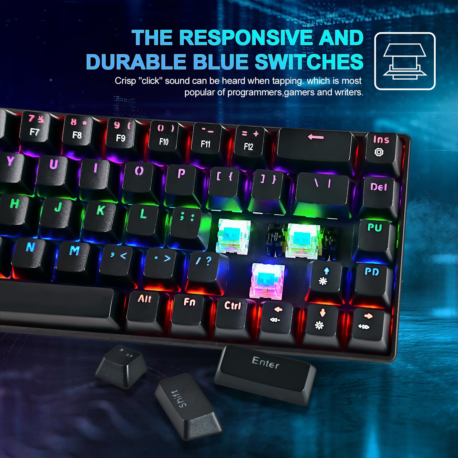 RaceGT Wired Mechanical Gaming Keyboard - 67 Keys Ultra-Compact Mini Keyboard, Wired USB Keyboards, Multi Color RGB Illuminated LED Backlit for PC Gamer Computer Desktop (Black)…