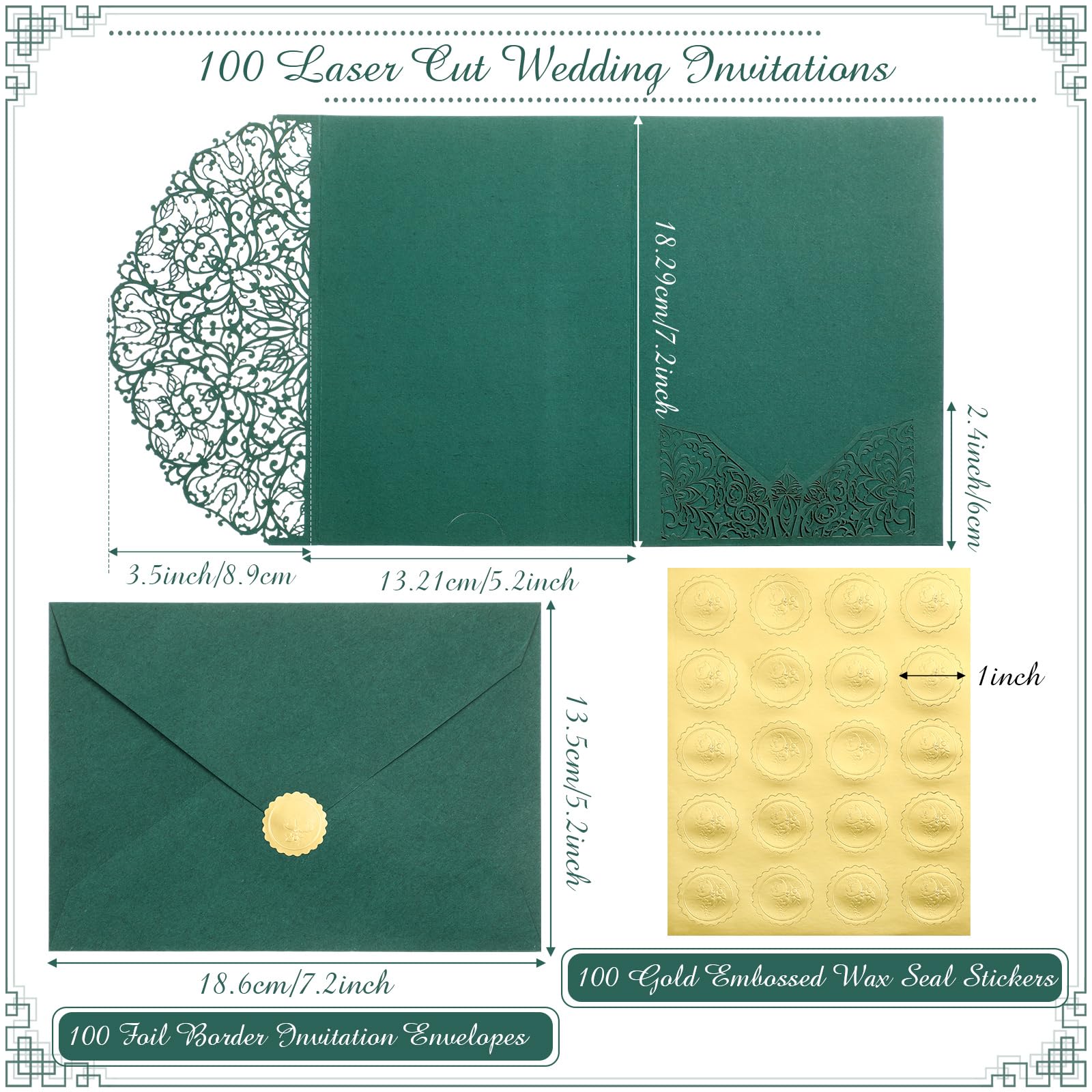 PerKoop 100 Set 5 x 7 Laser Cut Wedding Invitations with Envelopes and Wax Seal Stickers Pocket Wedding Invitation Cards Blank Invitation Kit for Wedding Bridal Shower Engagement Invite (Dark Green)