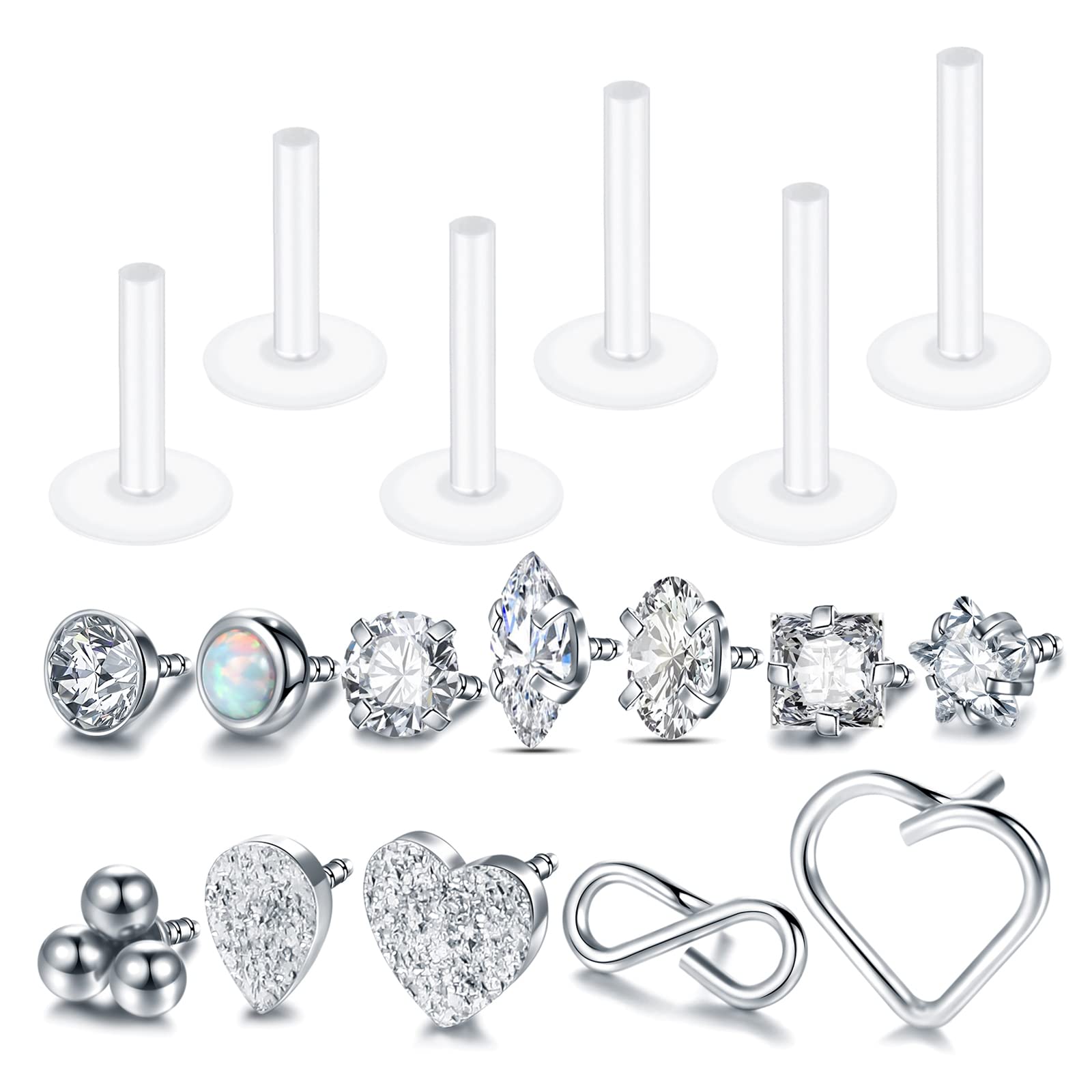 Xpircn 16G Labret Monroe Lip Rings Tragus Helix Cartilage Earrings Studs Ring Piercing Jewelry Plastic Retainer Clear CZ 6mm 8mm 10mm (Silver)