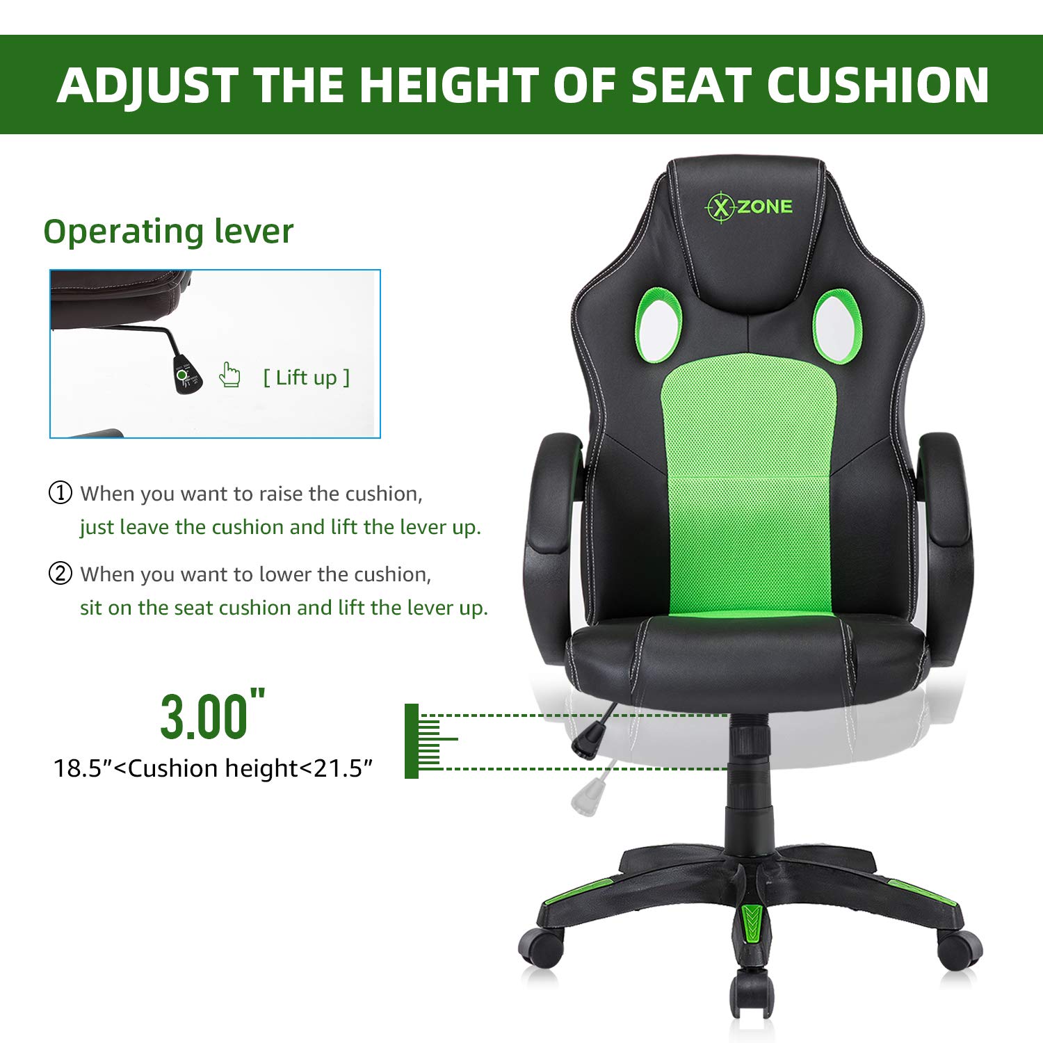 Seatingplus Video Gaming Chair, High Back Adjustable Racing Style Computer Office Chair, Bonded Leather Mesh Desk Chair with Height Adjustment and Padded Armrests (Green)