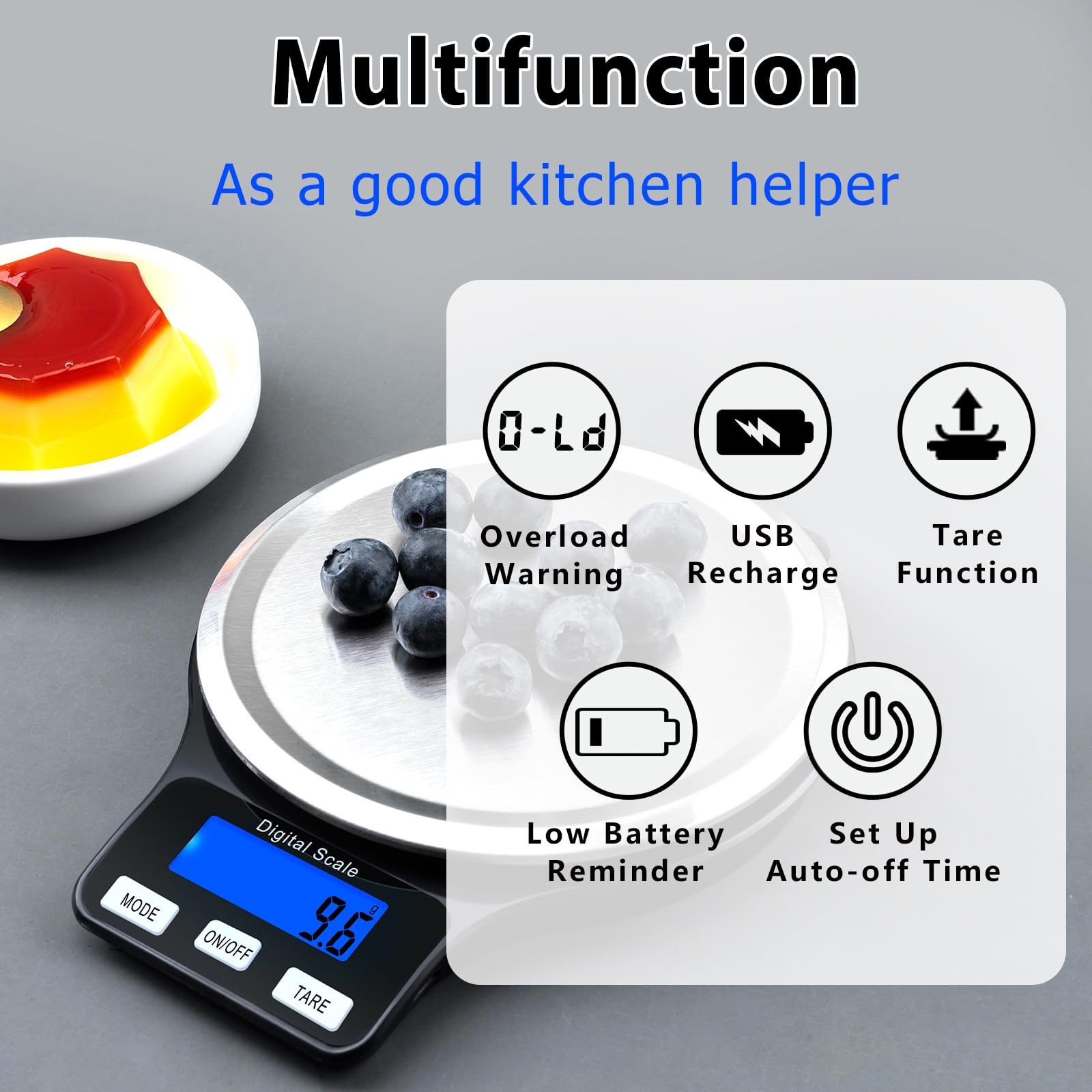 NEXT-SHINE Kitchen Food Scale with Bowl, 5kg 11lb USB Rechargeable Small Size Digital Grams and Ounces 0.1g Precise Graduation and LCD Back-lit Display for Cooking Dieting Baking Weight Loss