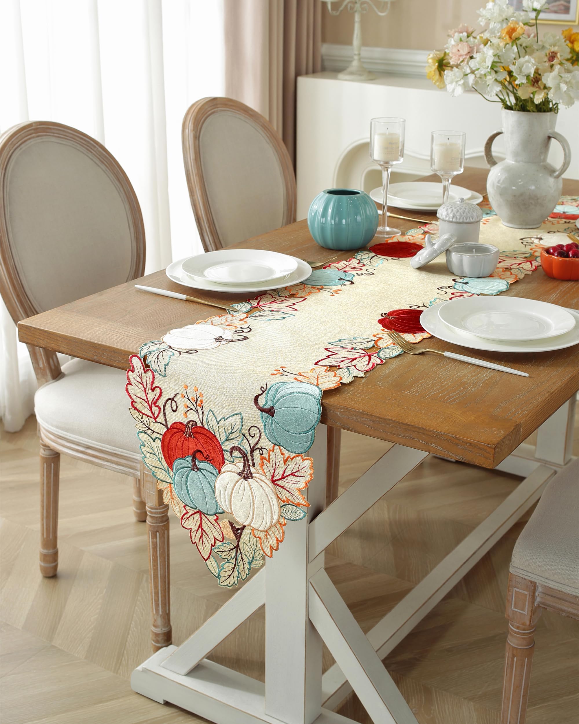 Thanksgiving Table Runner Fall Decorations for Home Fall Table Runner with Embroidered Velvet Pumpkins Maple Leaf. Halloween/ Christmas Table Decorations for Kitchen Dining Harvest Party Decor