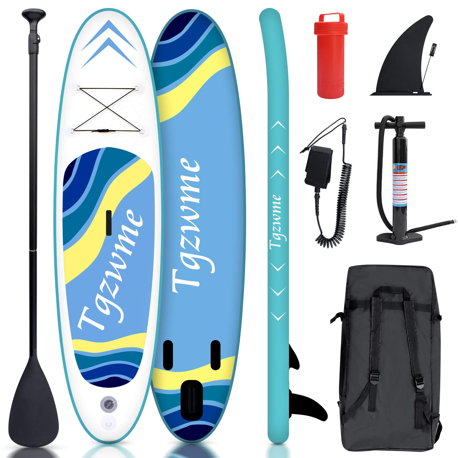 Tgzwme Paddle Board,10'×30"×6" Inflatable Stand Up Paddle Board for Adults with Adjustable Paddle,3 Fins, Leash, Hand Pump, Backpack