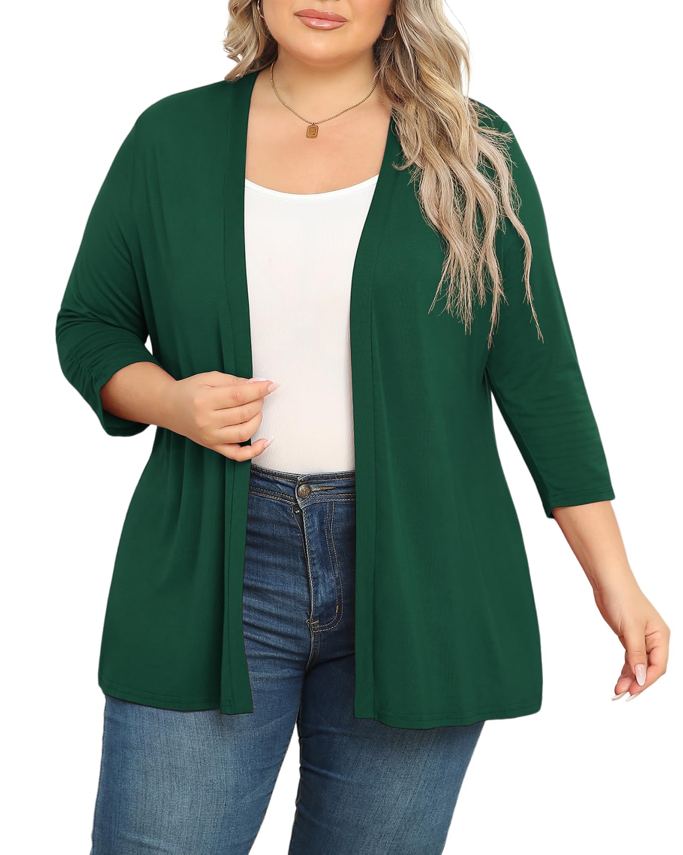 POSESHE Women's Plus Size Casual Lightweight Open Front Cardigans Soft Draped 3/4 Sleeve Cardigan Dark Green 4X-Large