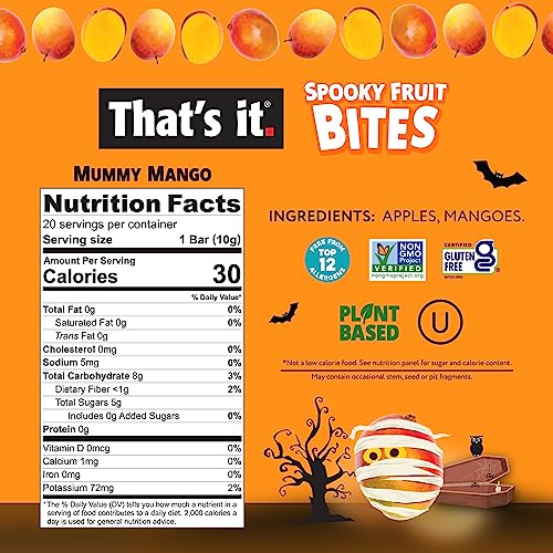 That’s it. Spooky Fruit Bites Halloween Fun Size Fruit Bars Variety Pack (Mango, Banana), Non-GMO, Allergen Friendly, Kosher, Gluten Free Snacks No Added Sugar (40 PCS, 10g Each)