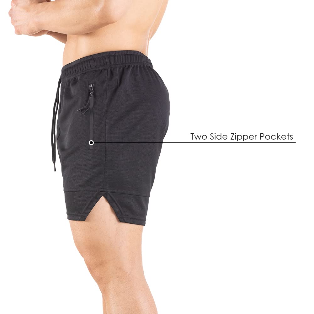 VPOS Men's 5" Gym Workout Shorts with Zipper Pockets,Dry Fit Mens Mesh Athletic Shorts for Running Bodybuilding and Training Black/Gray,Medium