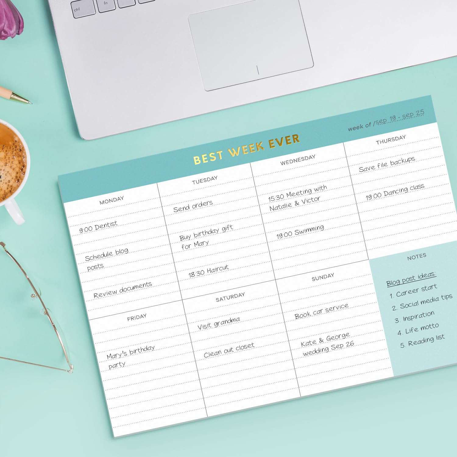 Sweetzer & Orange Weekly To Do List Pad. Minty Gold Weekly Planner Notepad with Daily Planner Agenda Squares. 7x10” Day Planner 2024 2025 - Student Planner, Work Planner and Checklist Note Pad.