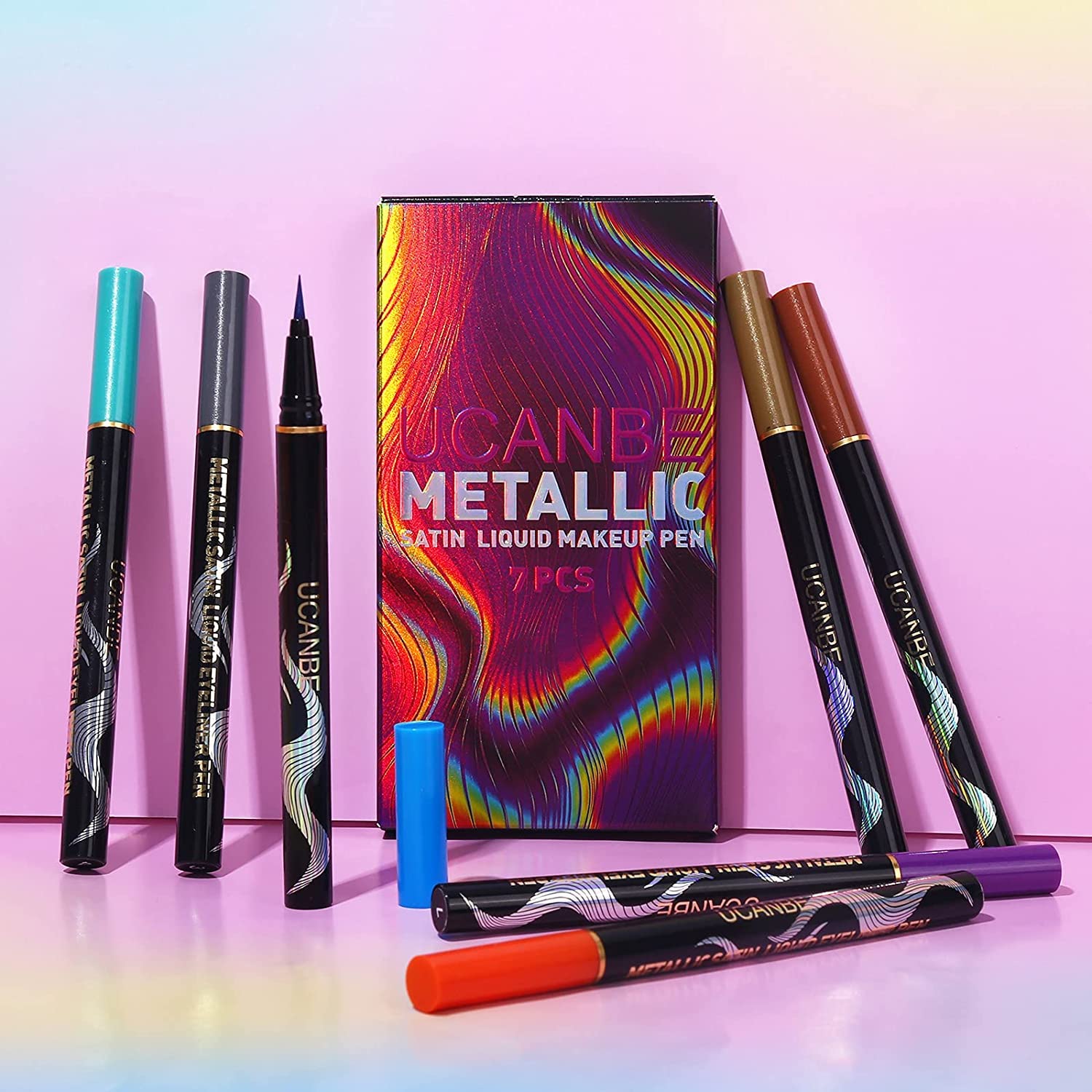UCANBE 7 Colors Shimmer Liquid Eyeliner Makeup Set, Metallic Satin Finish Colorful Sparkling Eye Liner Pen, Long Lasting High Pigmented with Waterproof & Smudge Proof Formula
