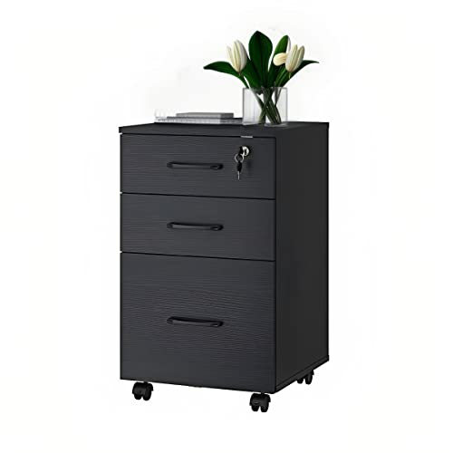 NEWSENDY Rolling File Cabinet: Slim White File Cabinet with Lock, 3-Drawer Under Desk Office Filing Cabinet for Letter/Legal Size Documents, Ideal for Home Office (Black)