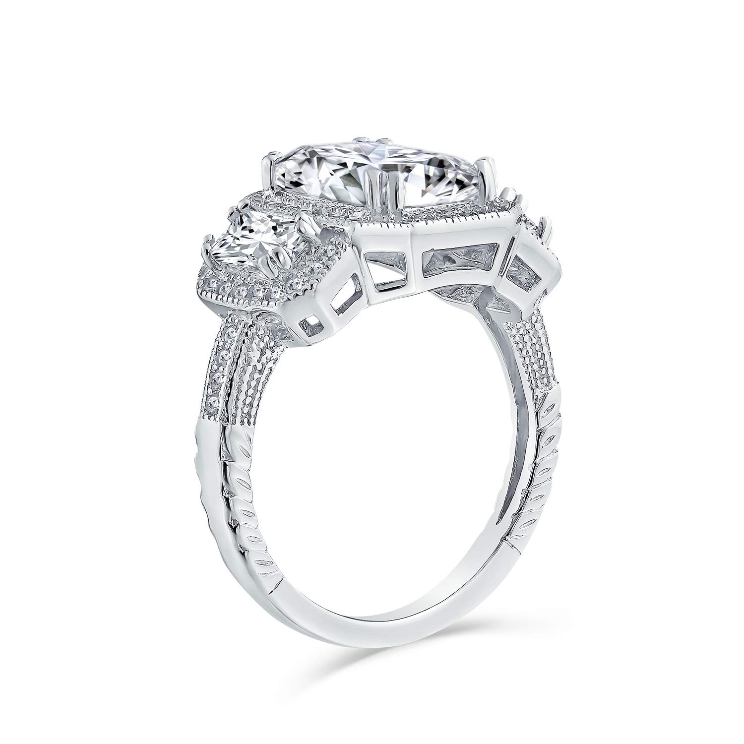 Personalize Estate Vintage Art Deco Style 3CT AAA CZ Halo Rectangle Emerald Cut Statement Engagement Ring For Women CZ Baguette Side Stones .925 Sterling Silver Custom Engraved