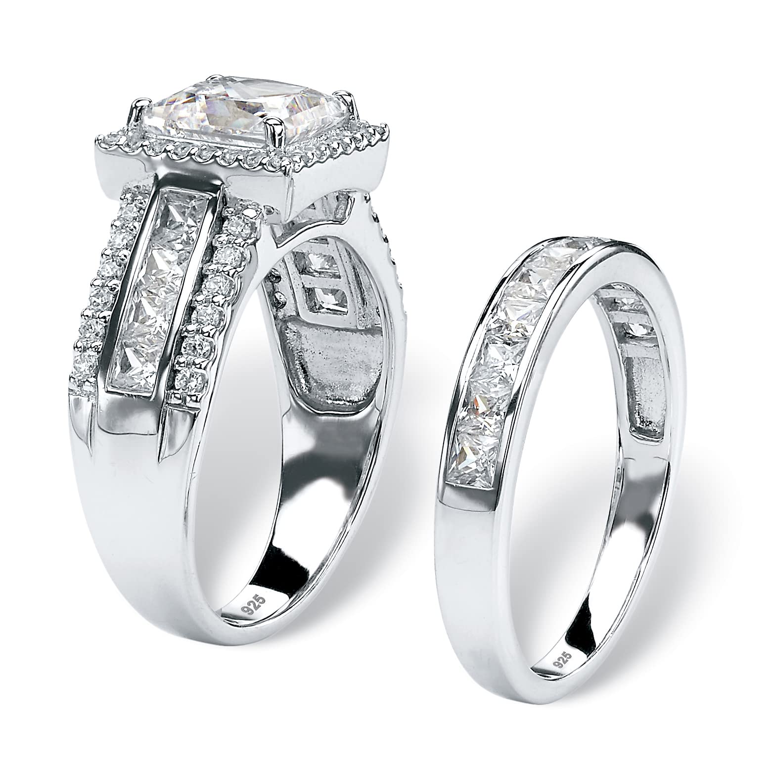 PalmBeach Platinum-plated Sterling Silver Princess Cut Cubic Zirconia Halo Bridal Ring Set Sizes 6-10 Size 7