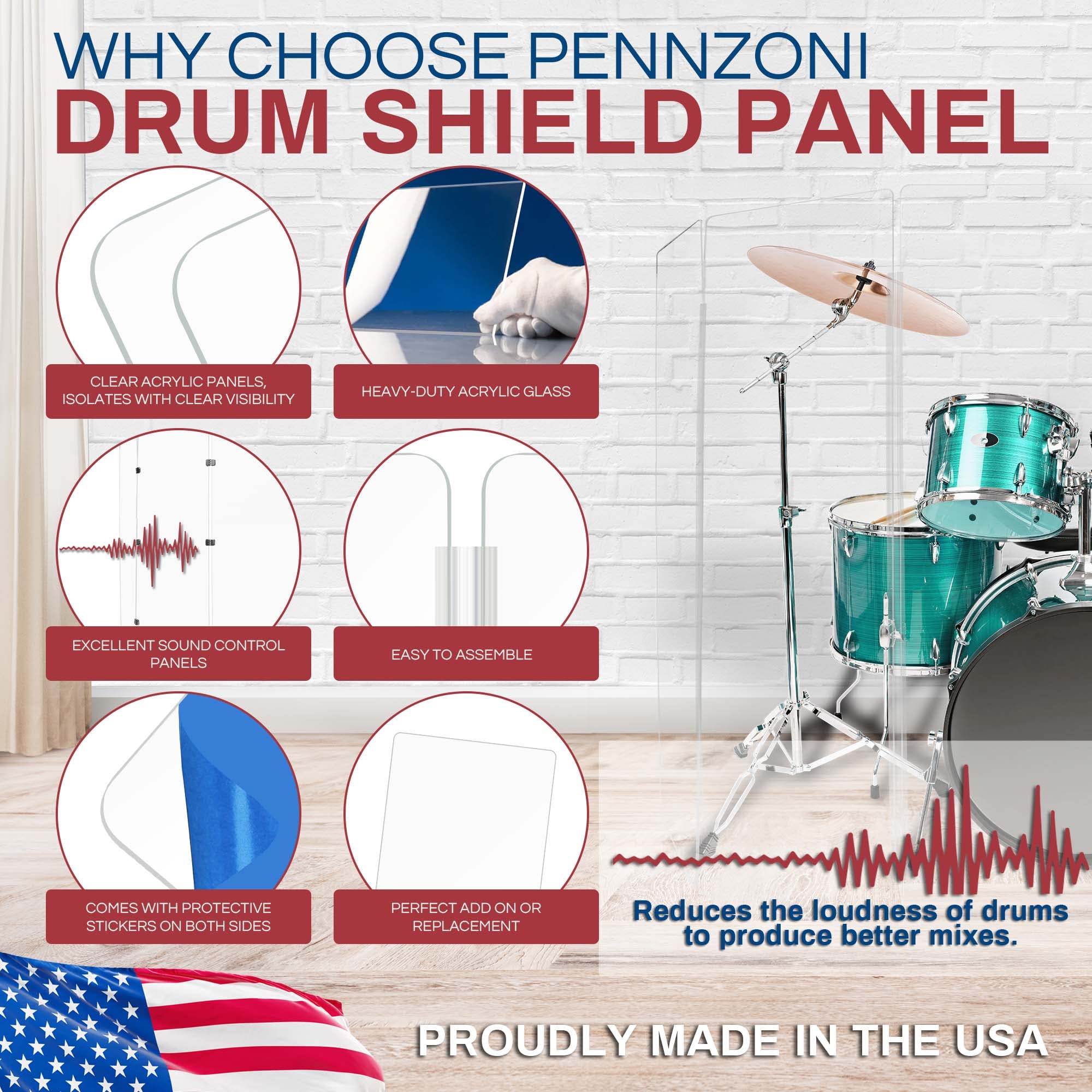 PENNZONI Drum Shield 6ft Single Panel w/Living Hinge, Premium Clear Acrylic Panel, Drum Screen