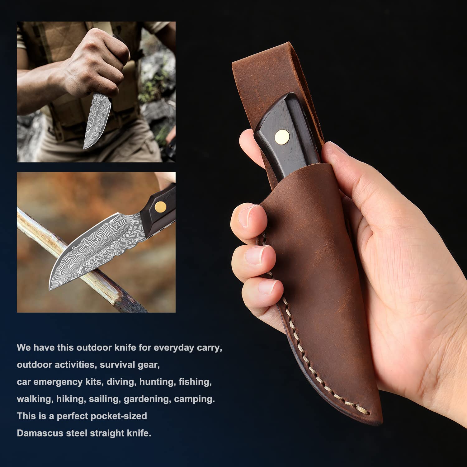 XITUO Damascus Bushcraft Knife, Hunting Knife - Handmade Survival Knife, forged Fixed Blade Knife, 5.5'β EDC Camping Knife for Men | Fixed Blade with Ebony Wood Handle Leather Sheath