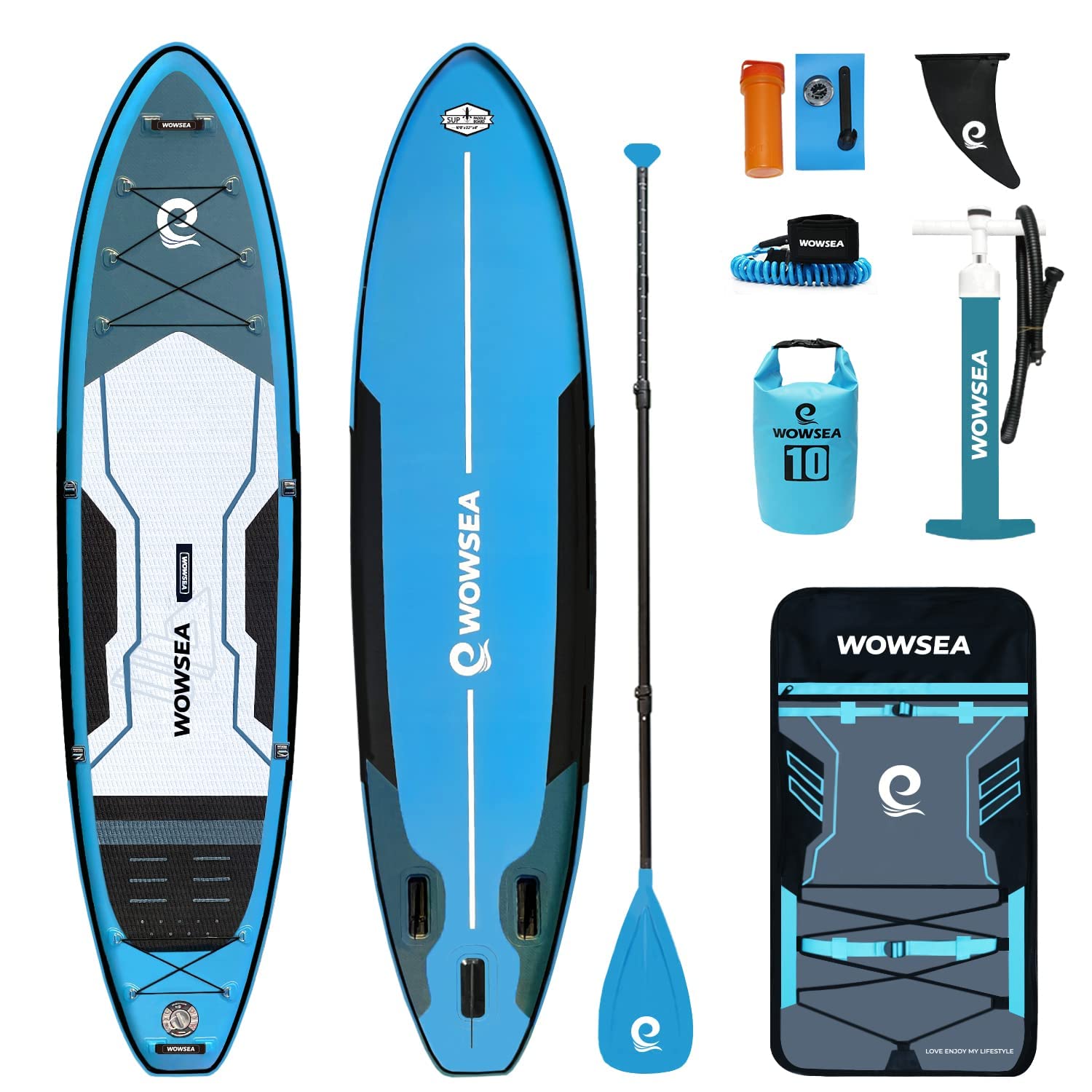 WOWSEA Poseidon P2 Inflatable Paddle Board, Durable and Stable Touring SUP Board, Yoga Paddle Board for Leisure, Nice Board with Accessories Kit for Aquatic Recreation and Exploring (Blue,10'8")
