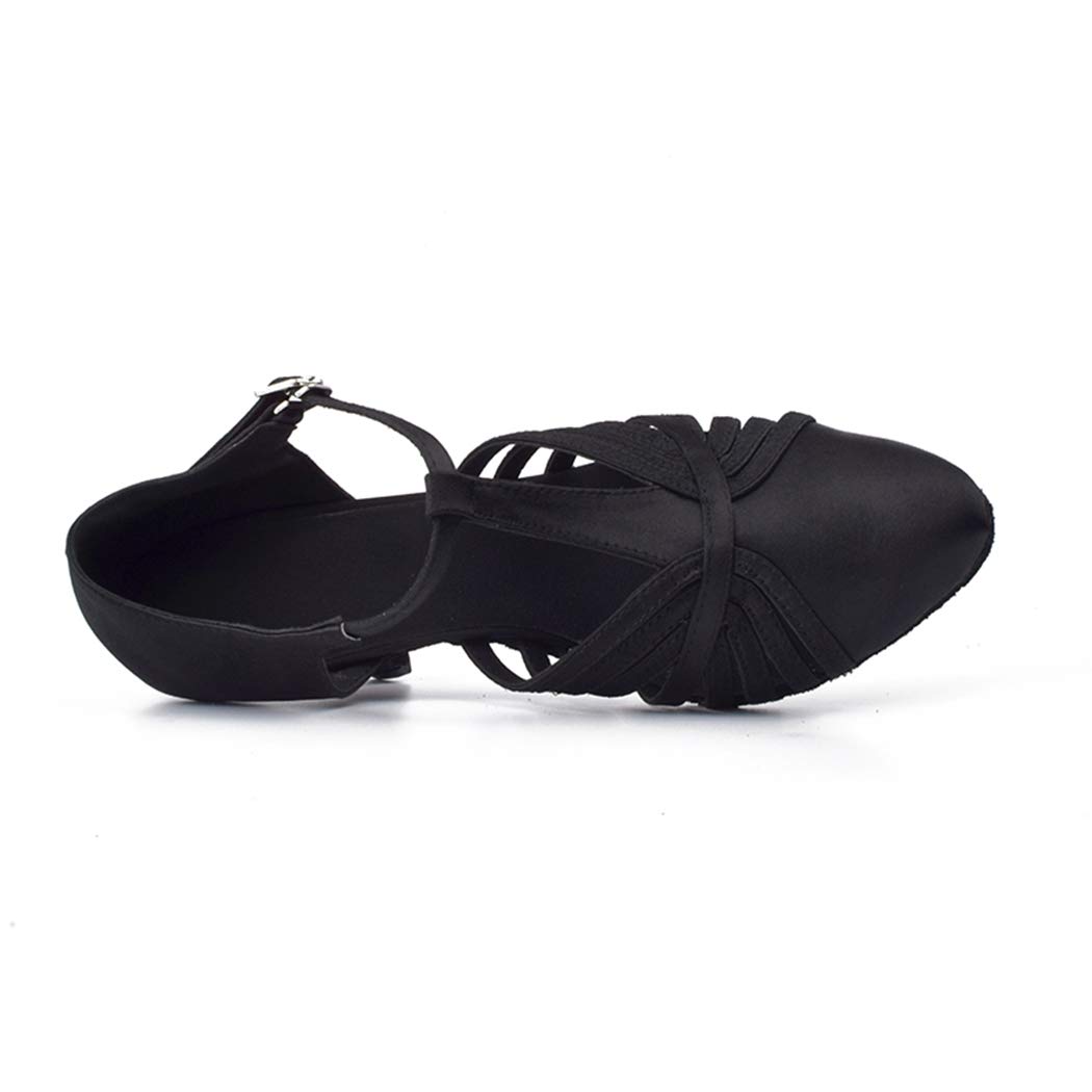 TDA Women's 1270 Fashion Comfort T-Strap Closed Toe Black Satin Salsa Tango Ballroom Latin Modern Dance Wedding Shoes 8 M US