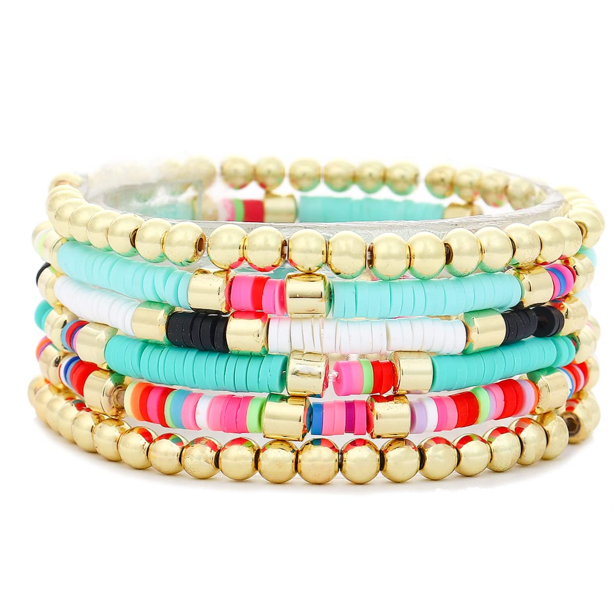 TOOLIPOUR Colorful Beaded Bracelet for Women Gold Beads Stretch Bracelet Heishi Beads Bracelet Stacking Gold Beaded Bracelet Set (Light blue)