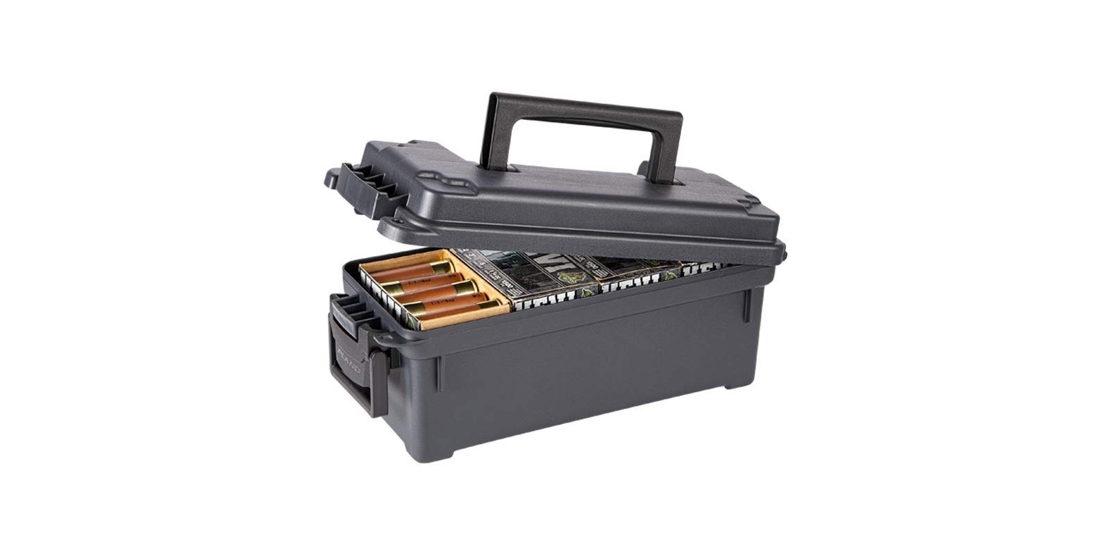 Plano Field Ammo Box Shot Shell, Black, Lockable Ammunition Storage Box with Heavy-Duty Carry Handle, Compact Plastic Ammo Crate, Water-Resistant Protection, Holds 4 Boxes of Ammo