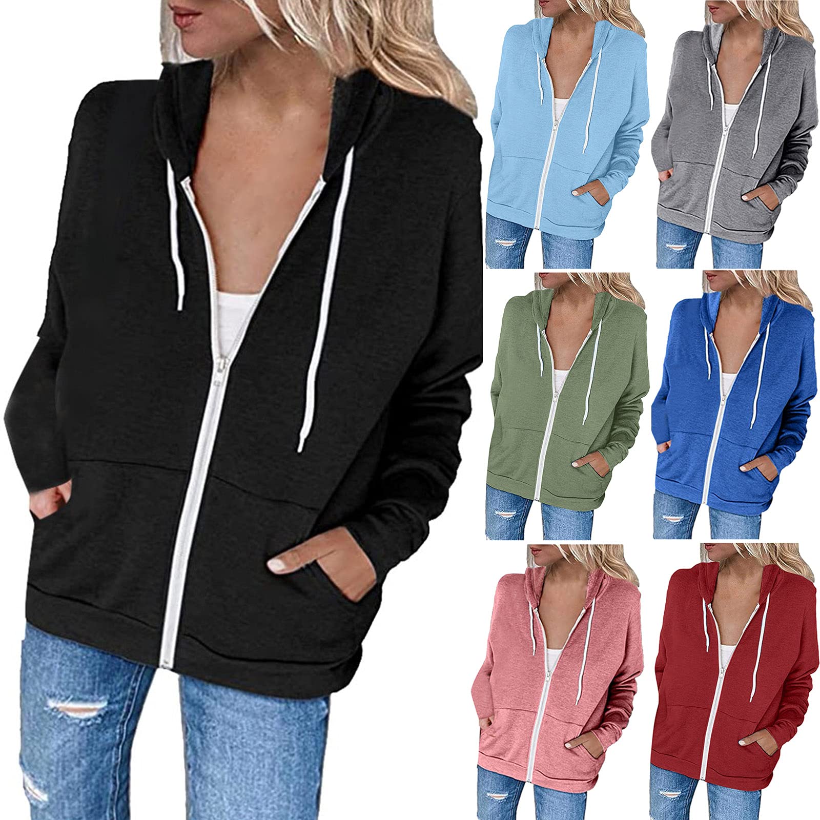 TIEMIHAZA Lightweight Zip Up Hoodies for Women Hooded Sweatshirts Long Sleeve Drawstring Thin Jacket with Zipper, Black