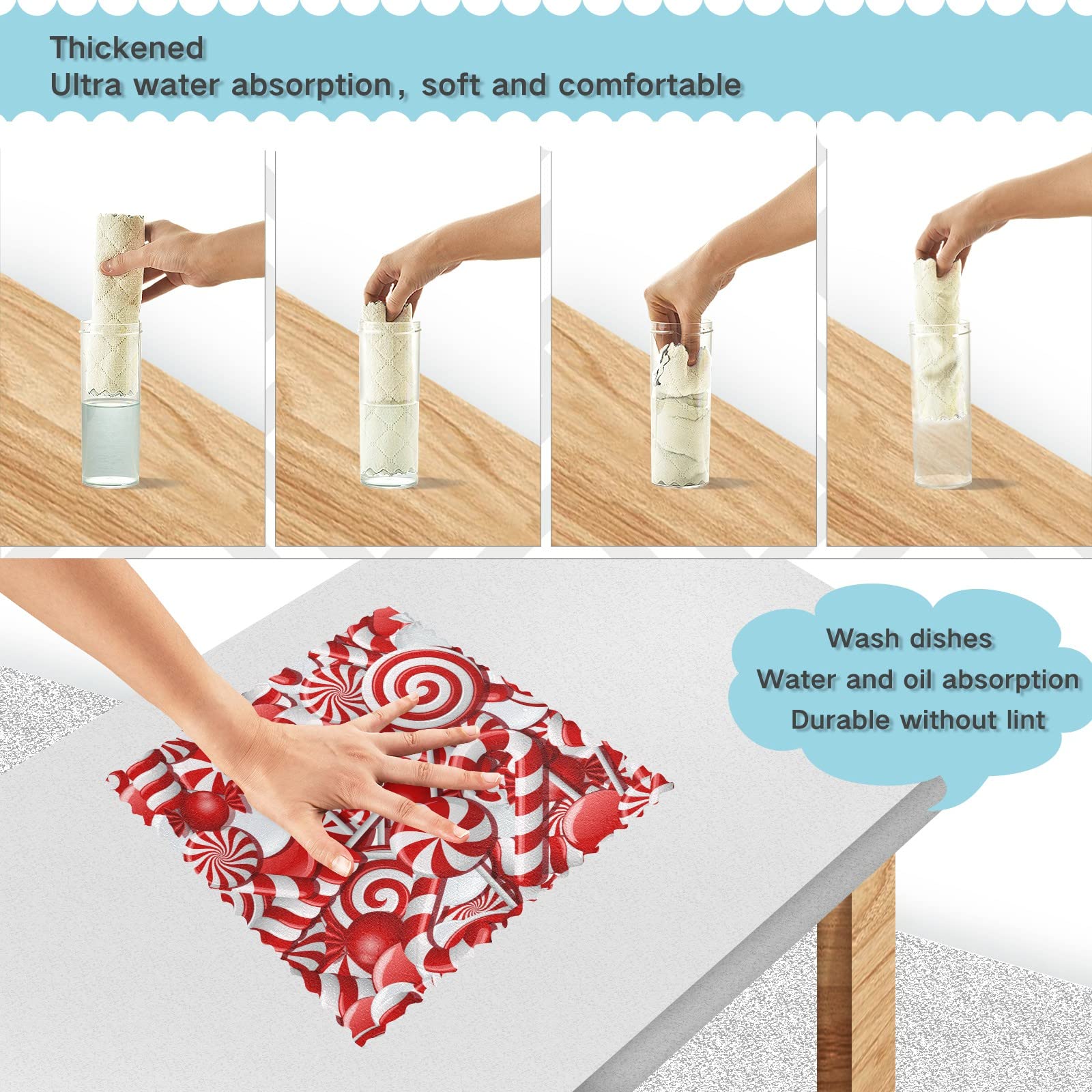 VIGTRO 6 Pack Super Absorbent Kitchen Towels,Christmas Candy Canes Premium Dish Cloths Towels, Sugar Red Sweets Gift Washable Fast Drying Dish Rags Reusable Cleaning Cloth 11x11