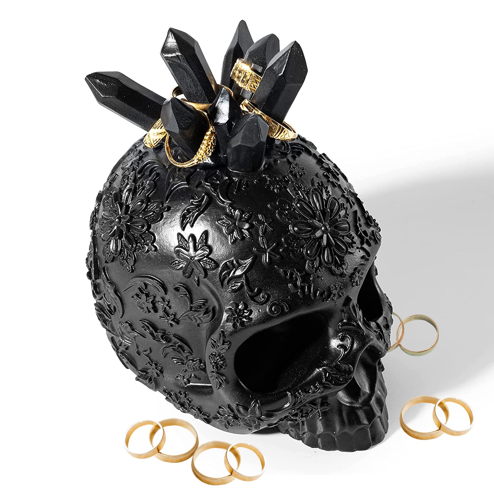 Skull Crystals Ring Holder, 3.75" H For & Year Round - Skull Decor, Goth Ring Organizer, Storage Display, Skeleton Jewelry Holder Trinket Rings Tray - Gothic & Emo Decor - Spooky Oddity