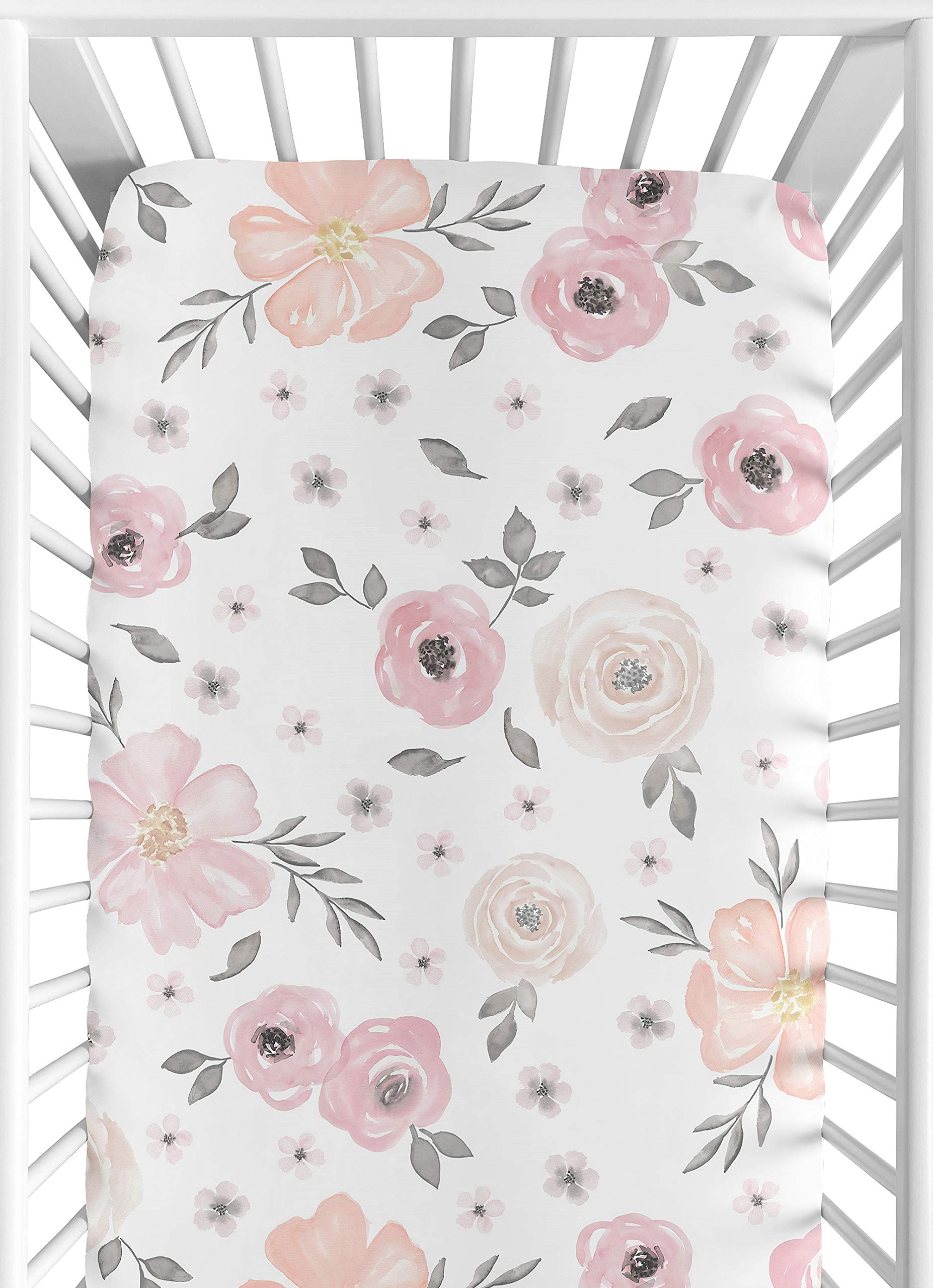 Sweet Jojo Designs Watercolor Floral Girl Cotton Fitted Crib Sheet Baby or Toddler Bed Nursery - Blush Pink, Grey and White Boho Shabby Chic Rose Flower 100% Cotton