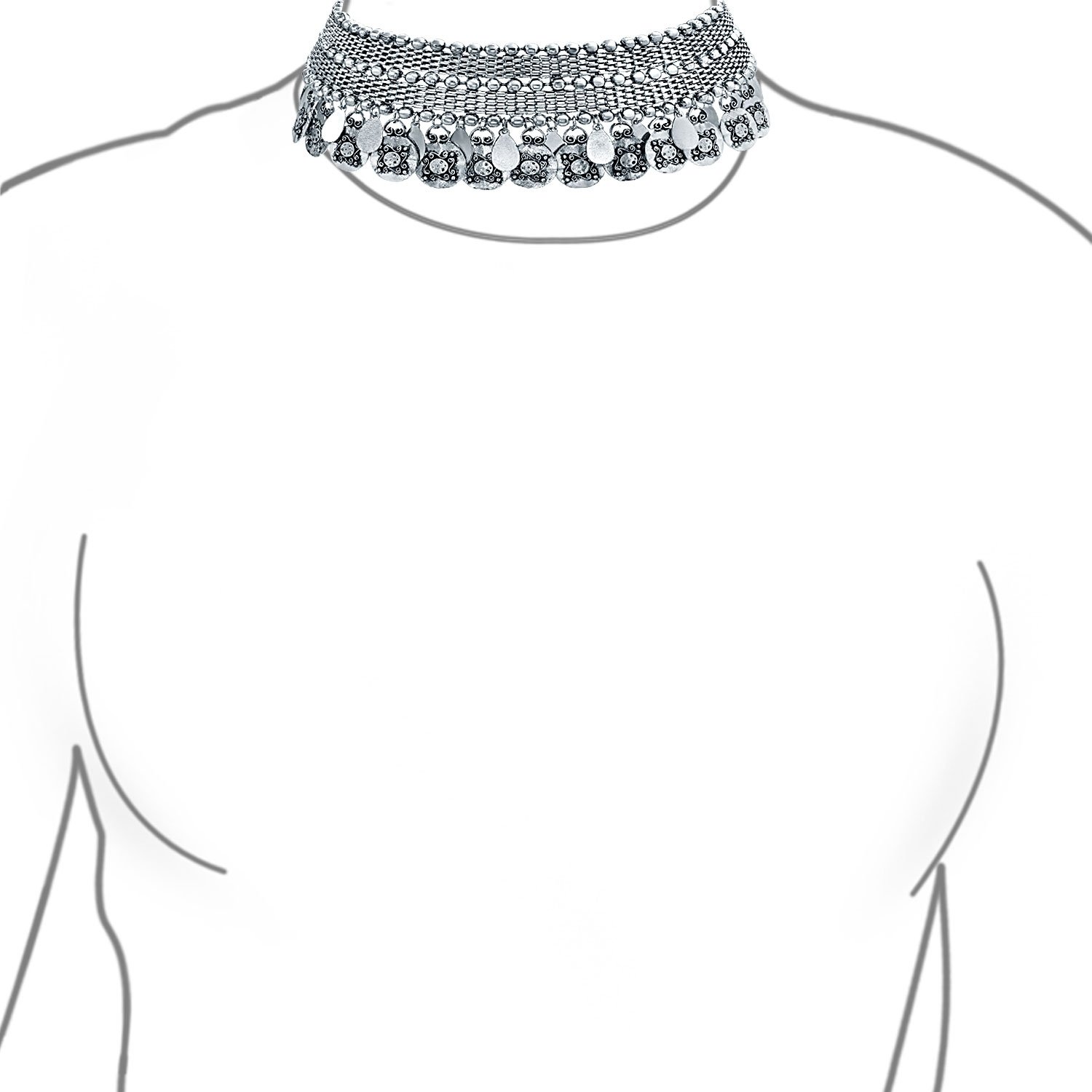 Native American Style Bohemian Boho Dangling Coins Wide Choker Necklace Western Jewelry for Women Teen Oxidized Silver Plated