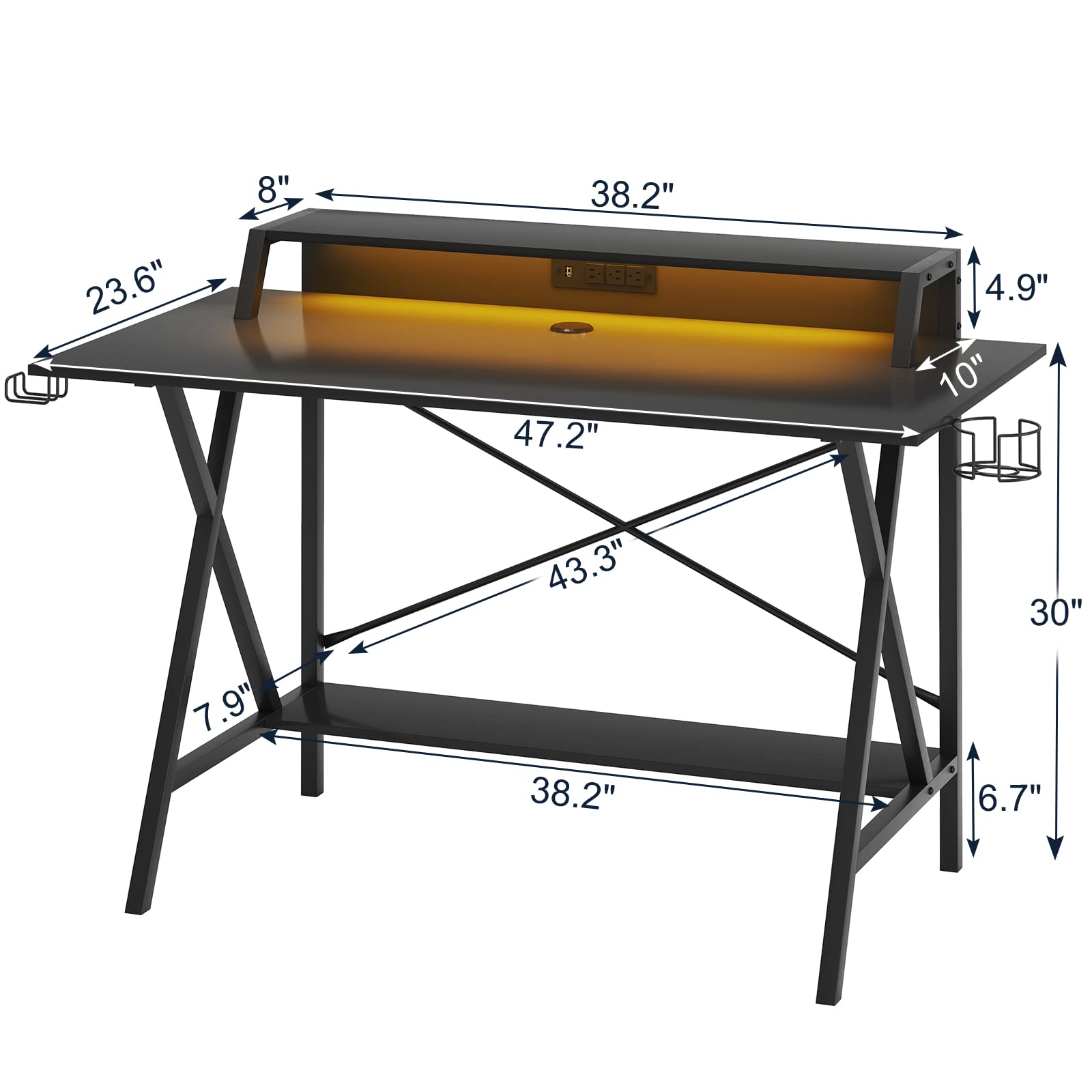 SEDETA Gaming Desk, 47" Gaming Table, E-Sports Computer Desk, Gaming Workstation Desk, PC Stand Shelf Power Strip with USB Cup Holder & Headphone Hook Home Office Desk Gamer Desk Writing Table, Black