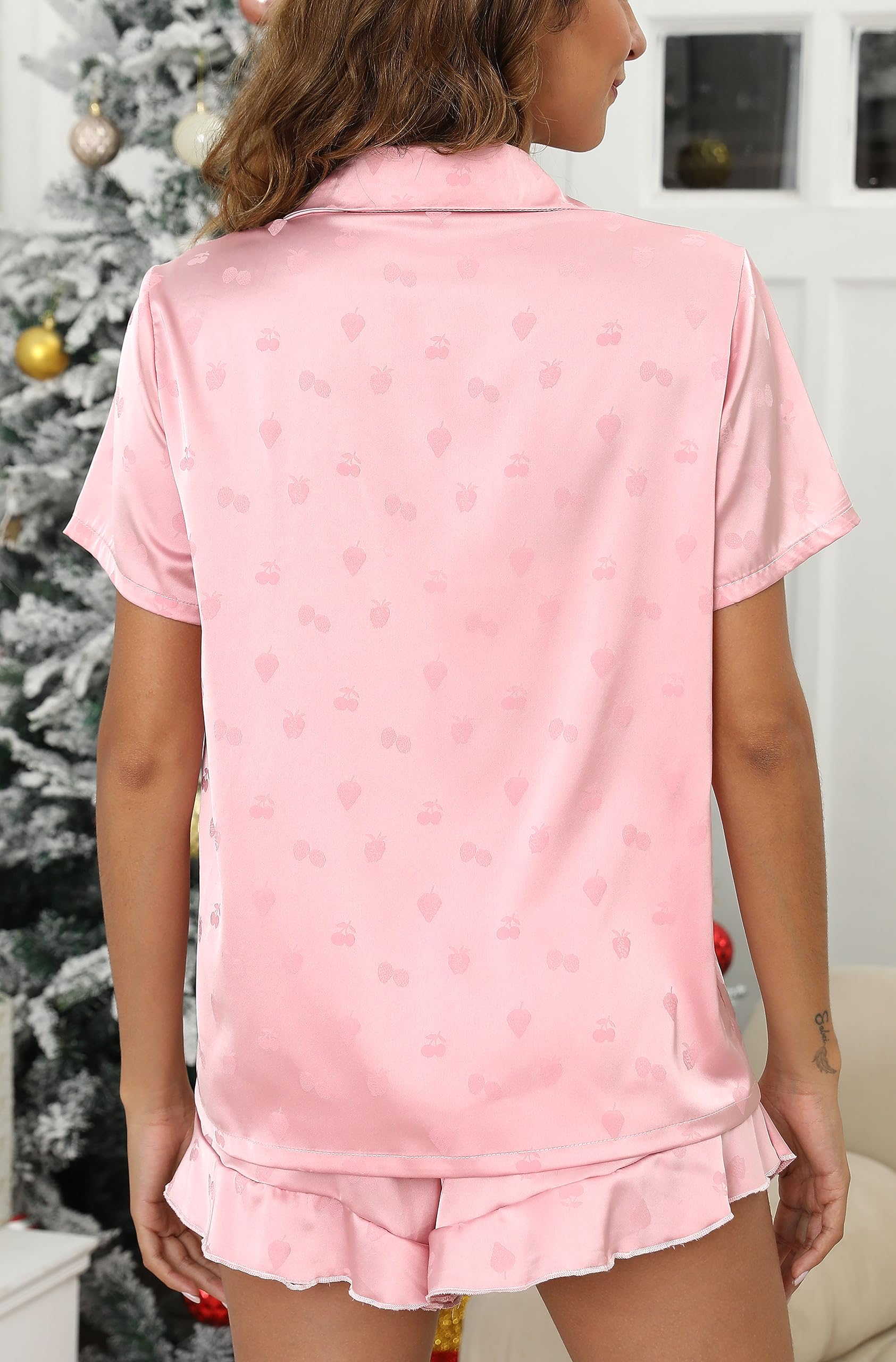 OUSIEDISIE Button Down Pajama Sets For Women Soft Short Sleeve Two Piece Strawberry Print Pj Sleepwear Set, Pink L
