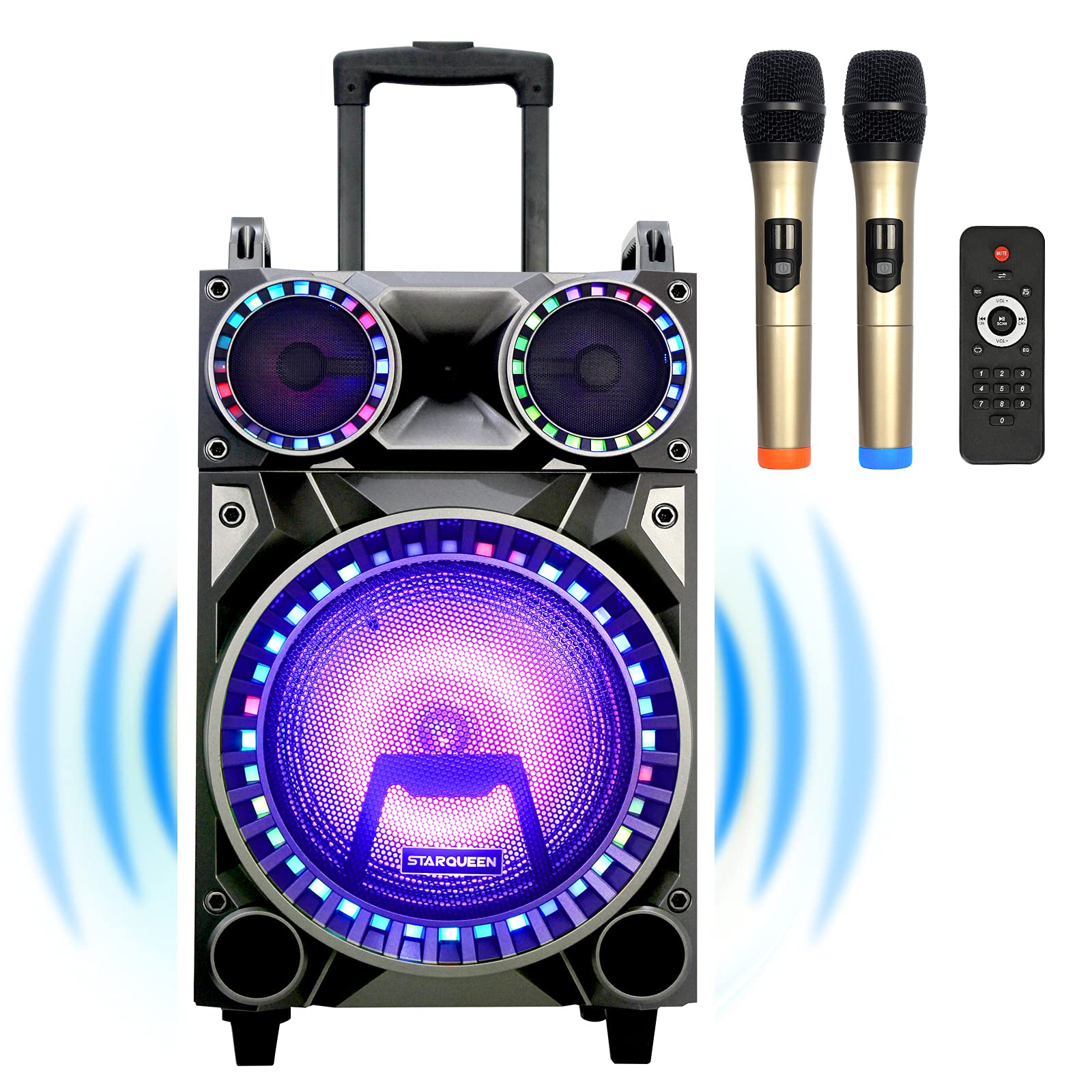 Starqueen Karaoke Machine Portable Karaoke Speaker for Adults and Kids 12” Woofer Rechargeable PA System with 2 Wireless Micorphone/Remote/Wheels/DJ Lights, Karaoke Party Amplifier Sound System